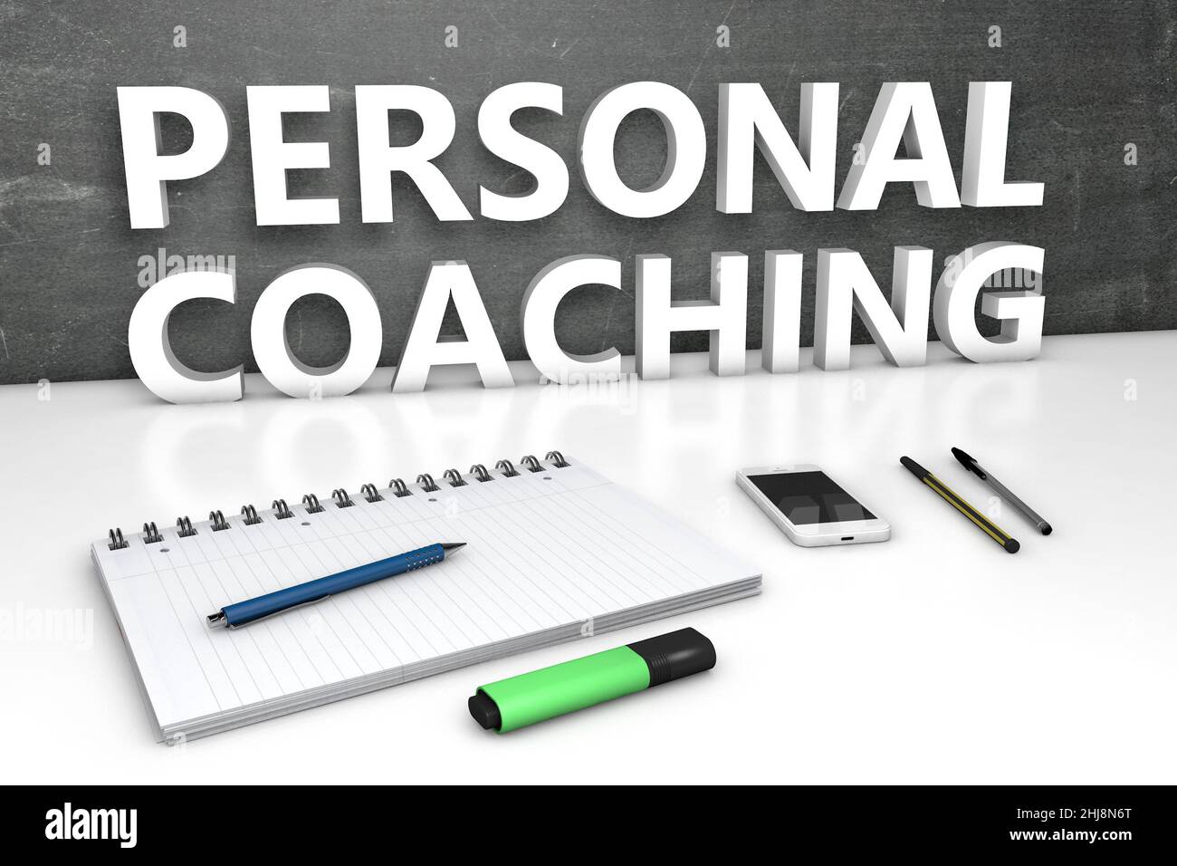 Personal Coaching - text concept with chalkboard, notebook, pens and ...