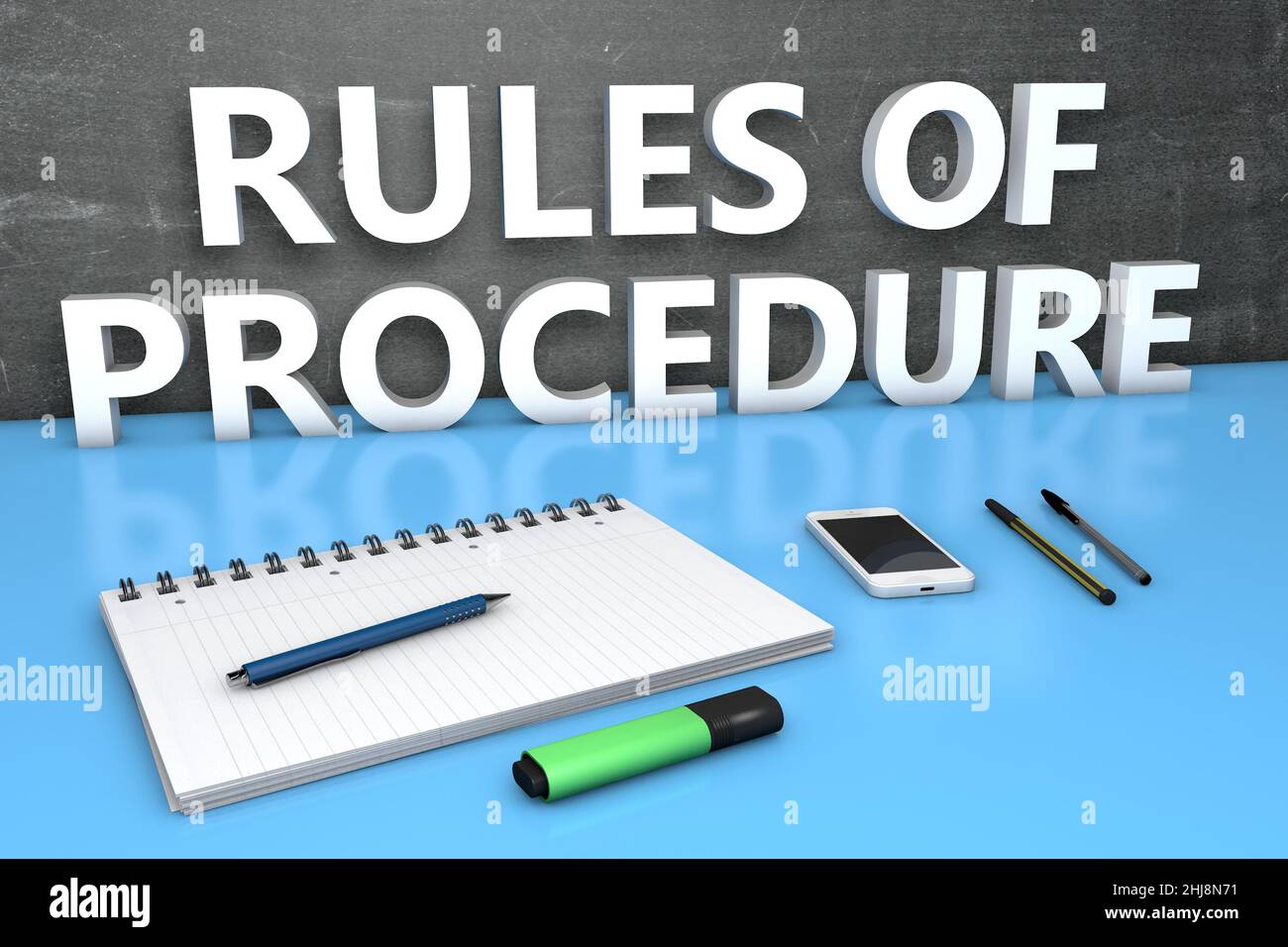 Rules of Procedure - text concept with chalkboard, notebook, pens and ...
