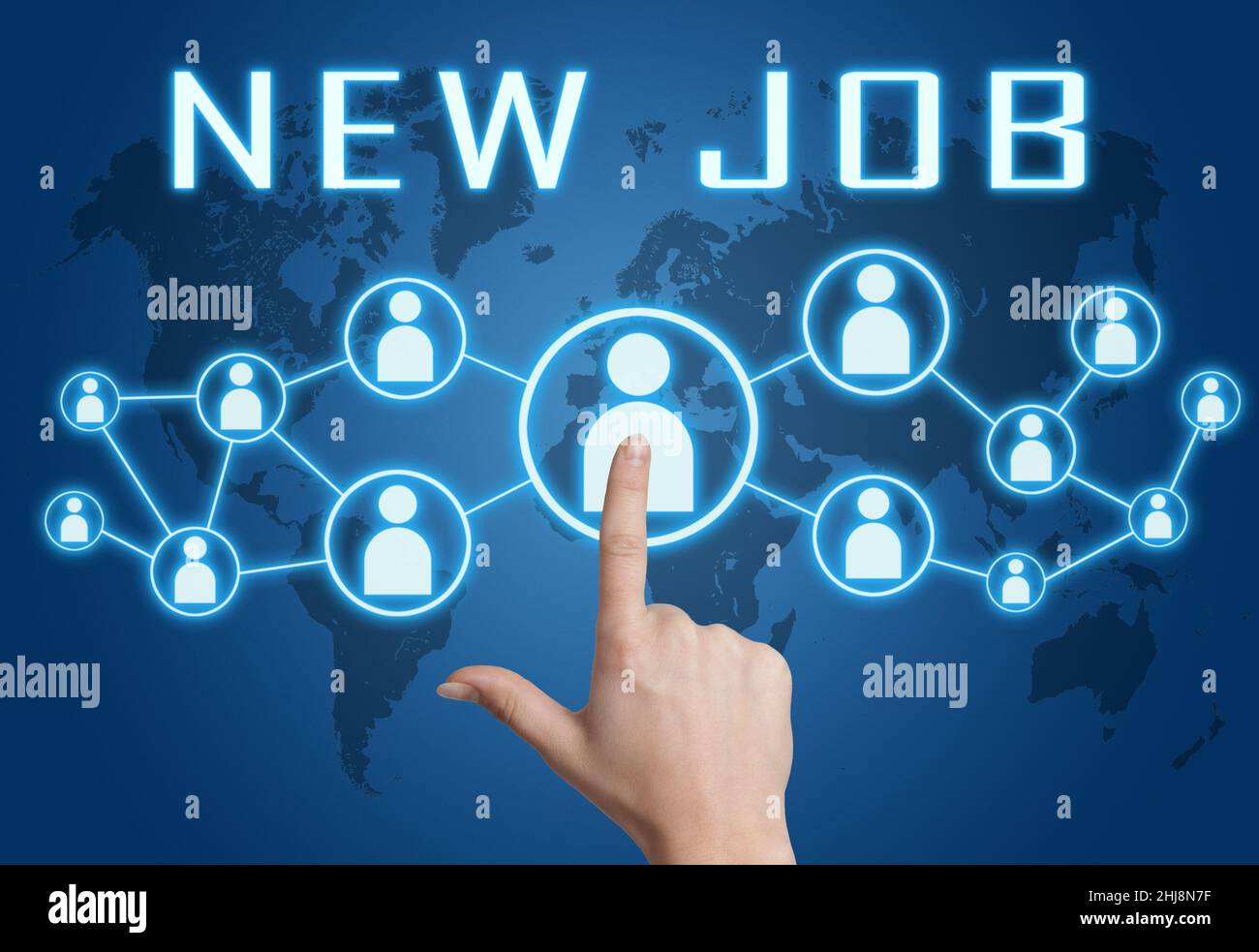 New Job - text concept with hand pressing social icons on blue world ...