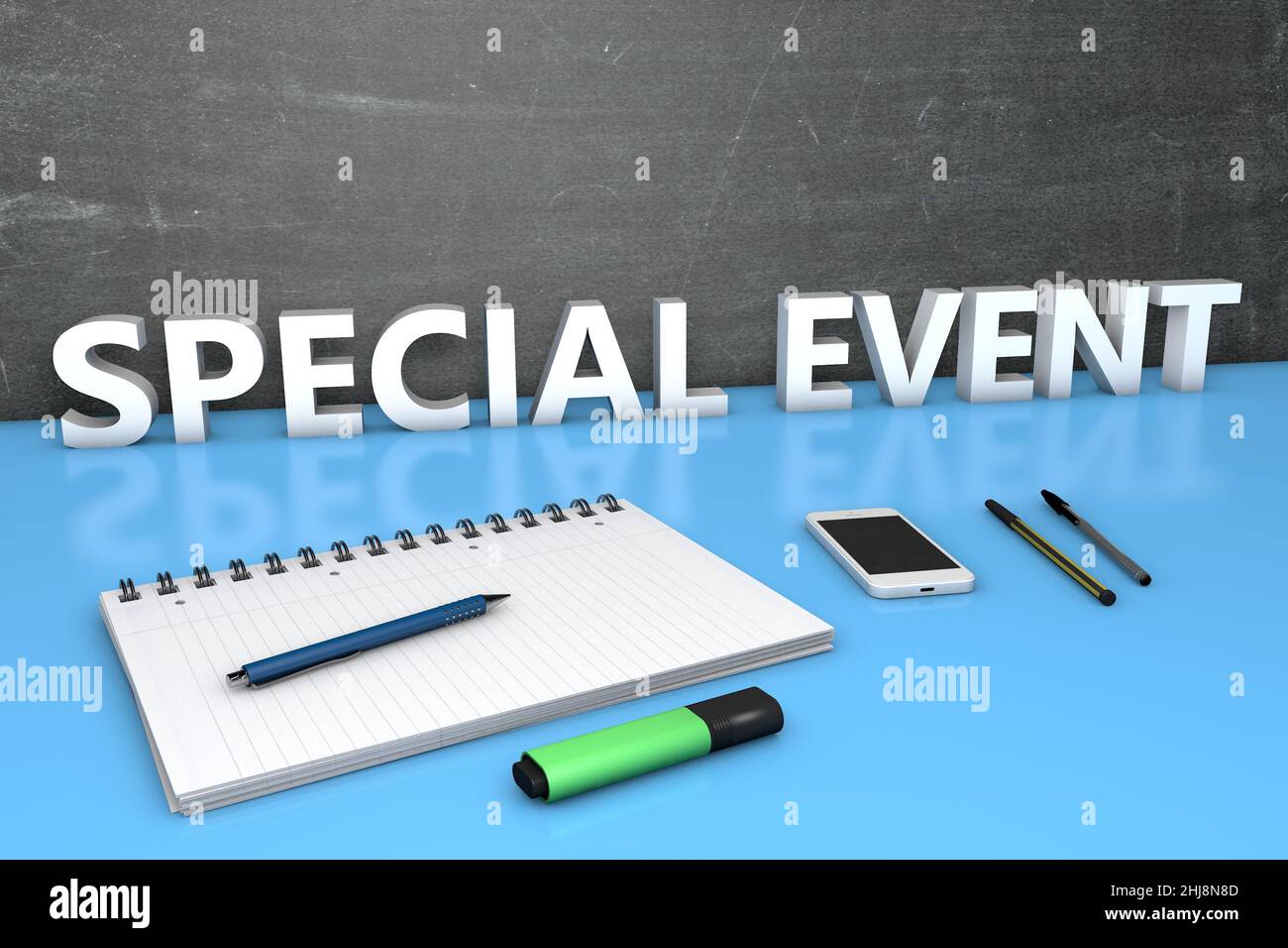 Special Event - text concept with chalkboard, notebook, pens and mobile ...