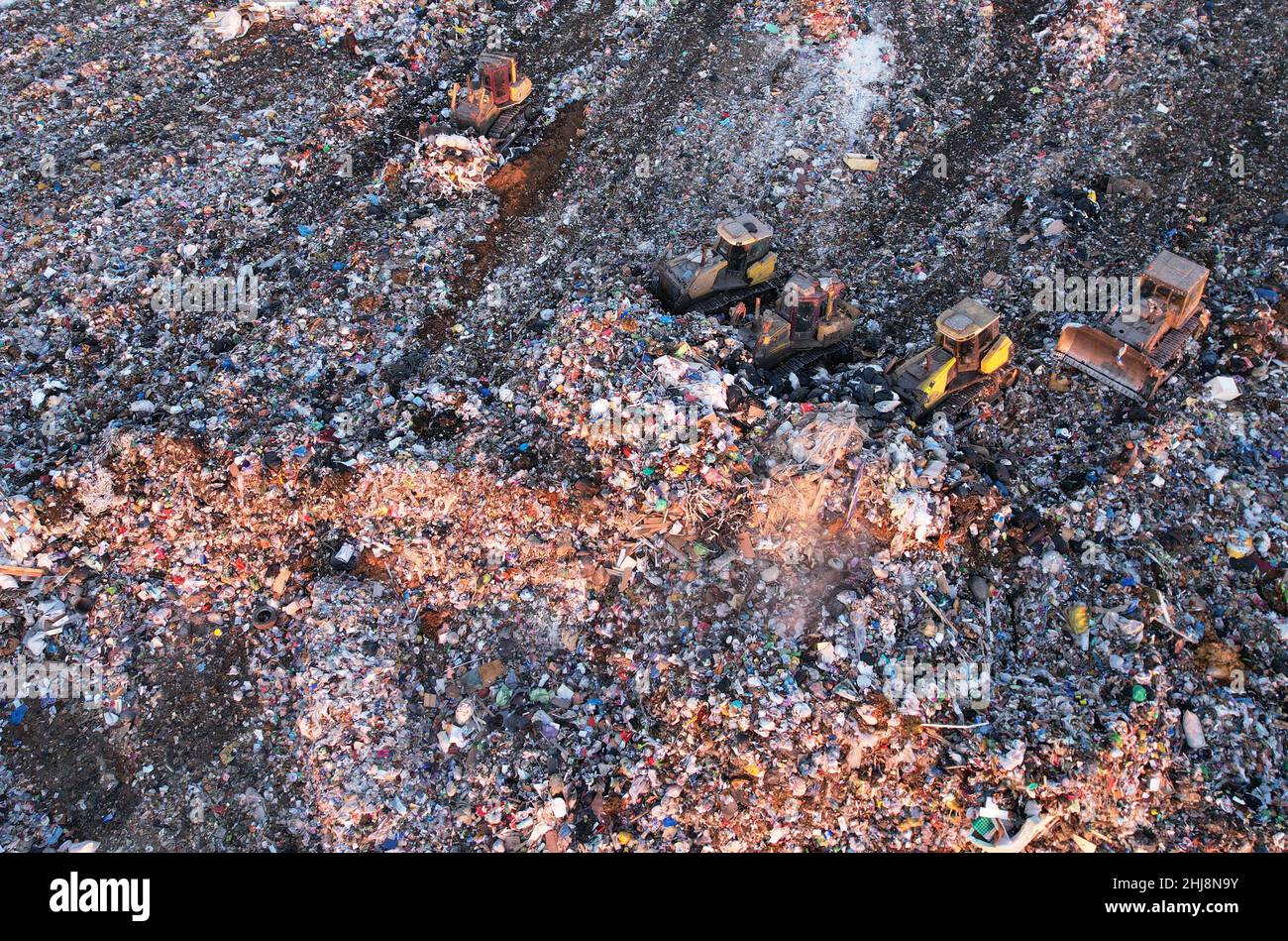 Garbage dump with waste plastic, polyethylene and food waste. Trash ...
