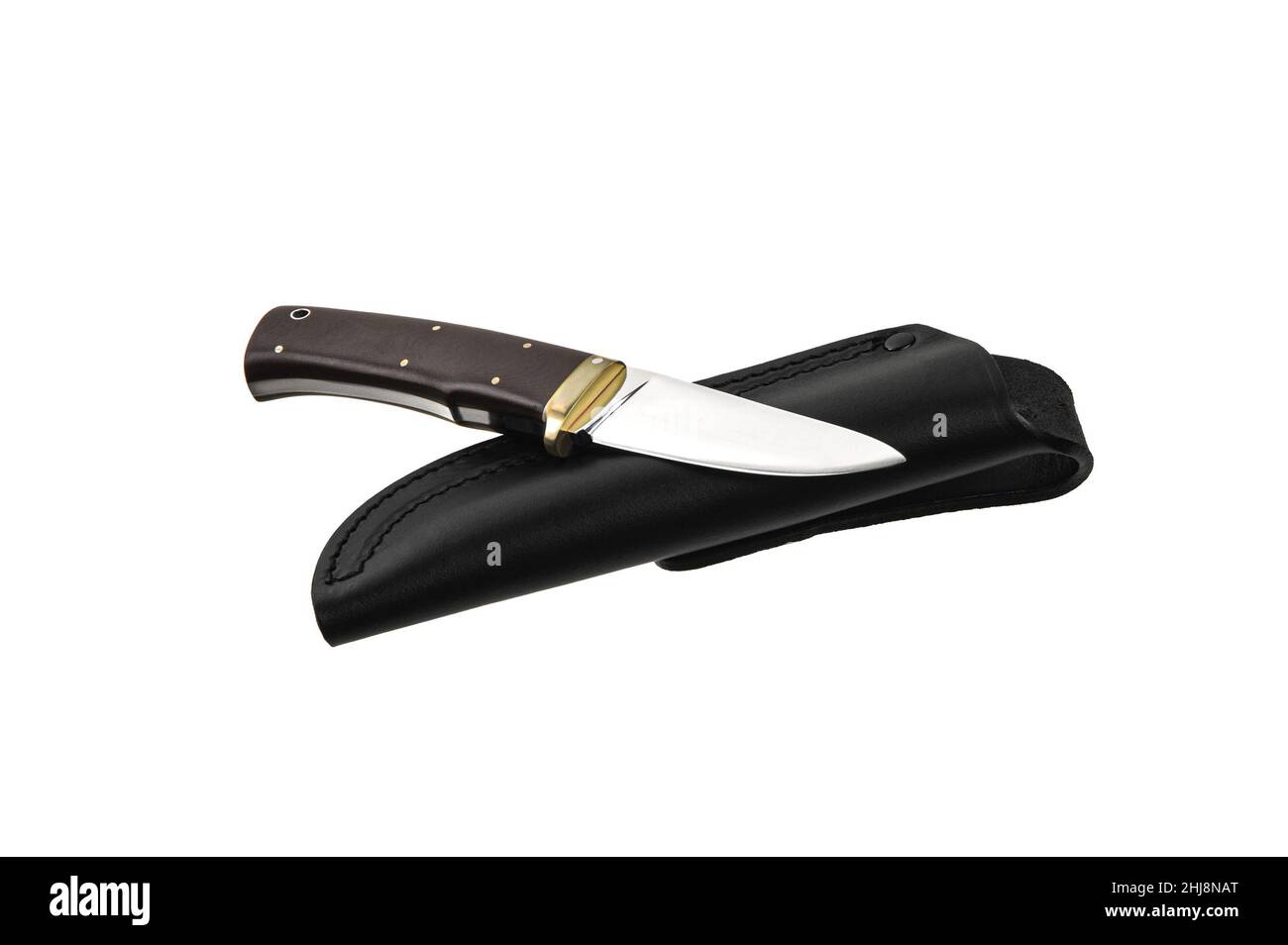 Modern hunting knife with silver blade and rubber handle. Steel arms ...