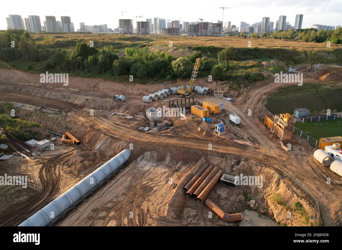 Concrete sewer pipes for laying external sewage system at construction ...