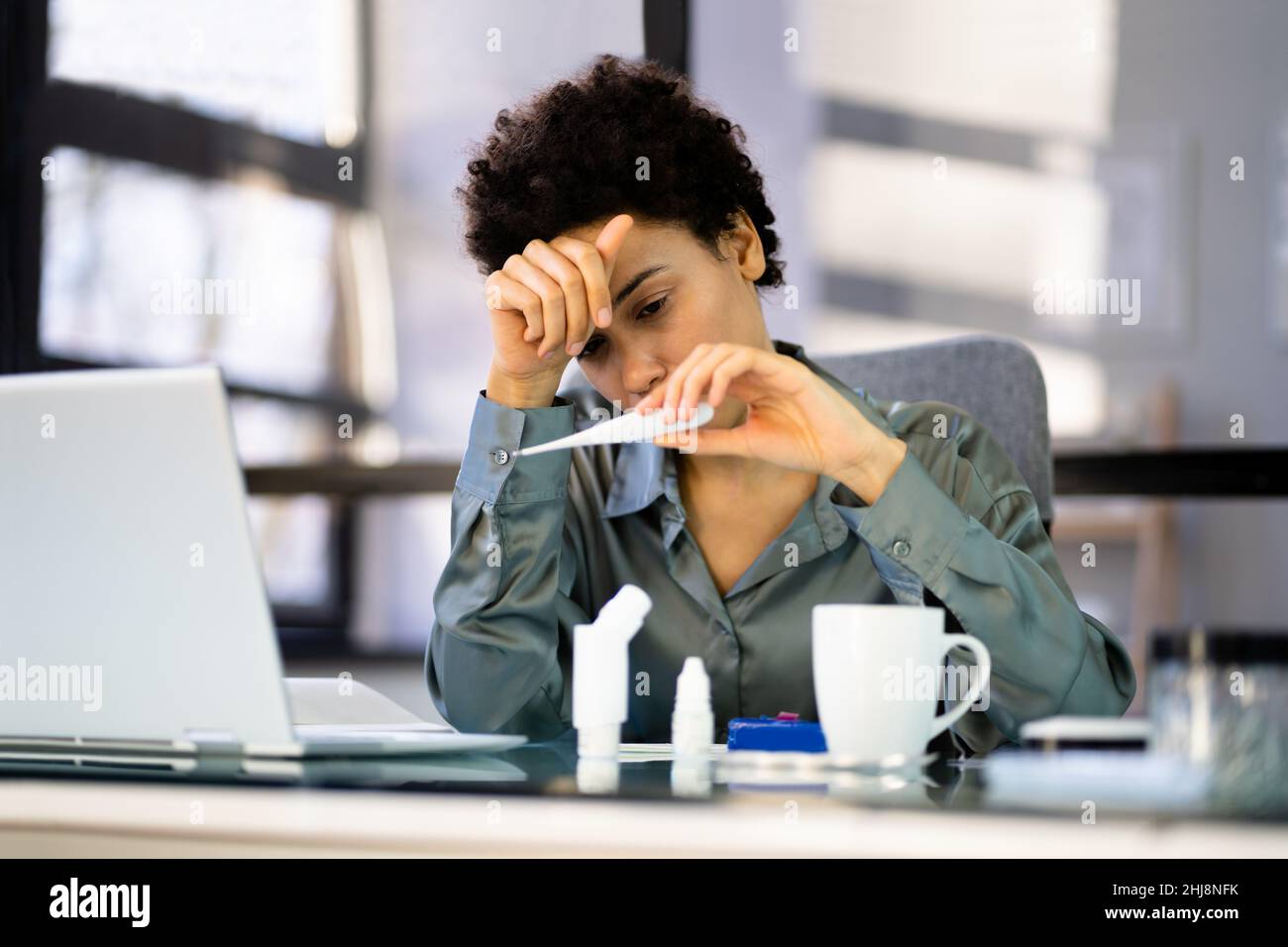 Sick Office Employee Worker With Cold Or Flu Stock Photo - Alamy