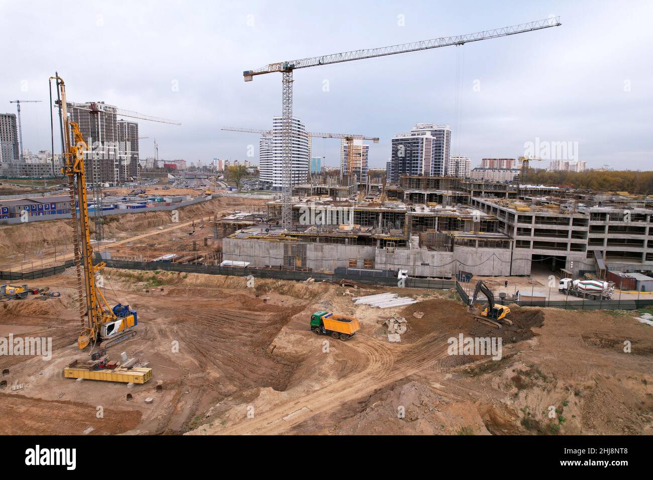 Drilling rig and Pile driver at construction site. Deep foundation ...