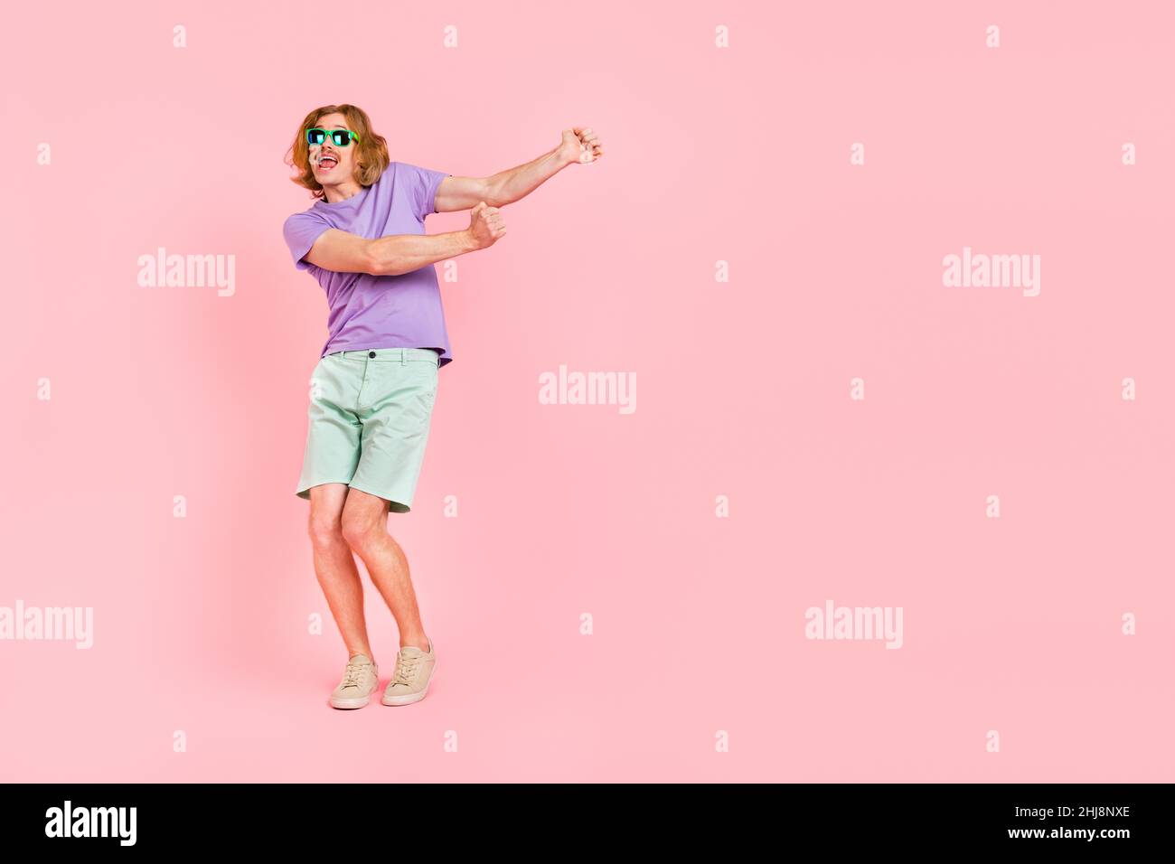 Full length body size view of attractive cheerful comic guy dancing ...