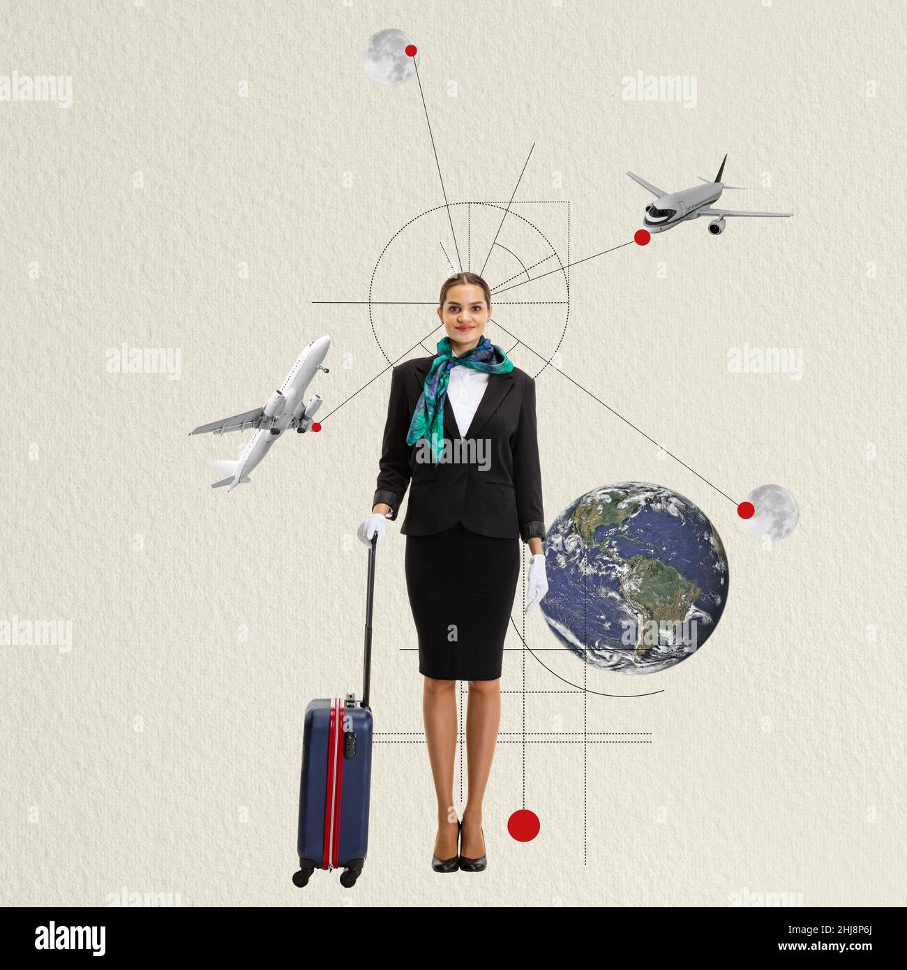 Smiling young girl, stewardess getting ready to fly to on new routes ...