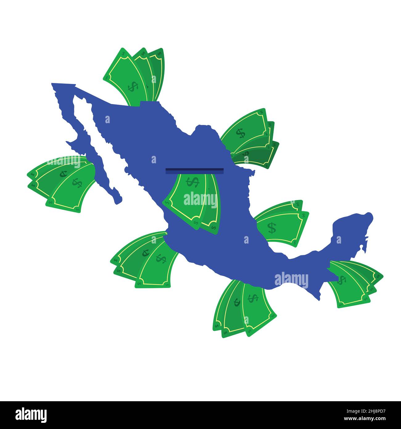 Mexico map in blue with money bills around. Money leaving the center of ...