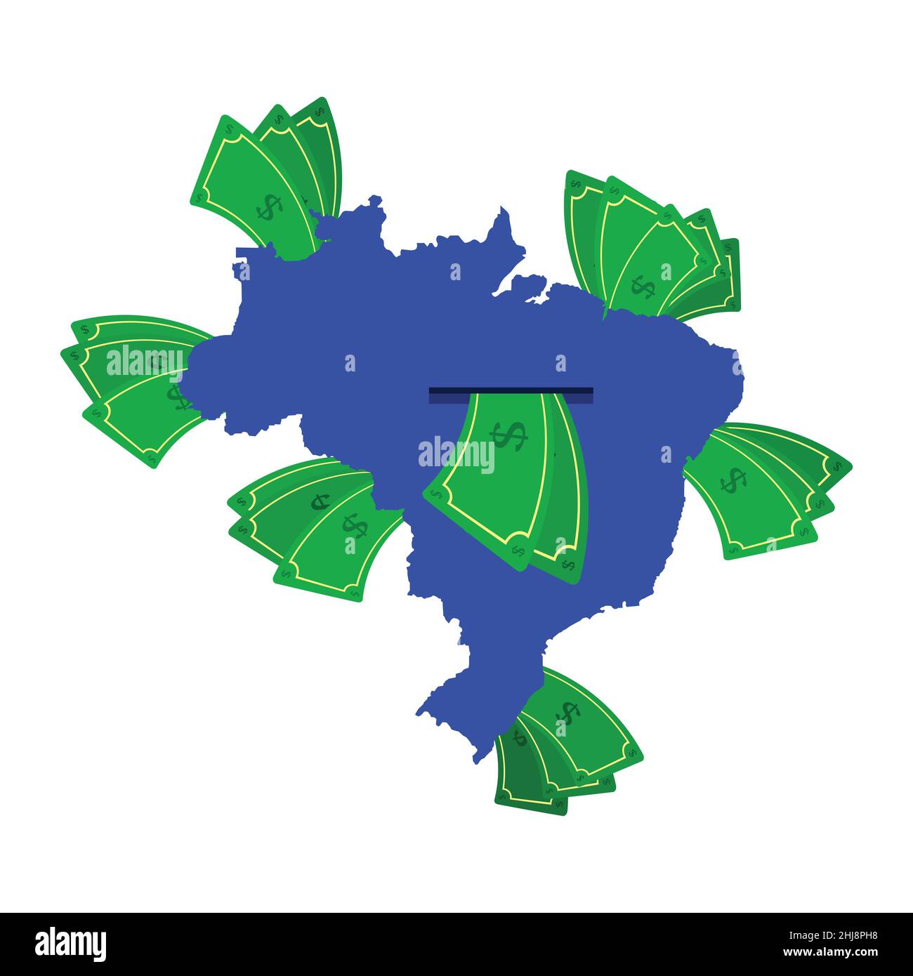 Brazil map in blue with money bills around. Money leaving the center of ...