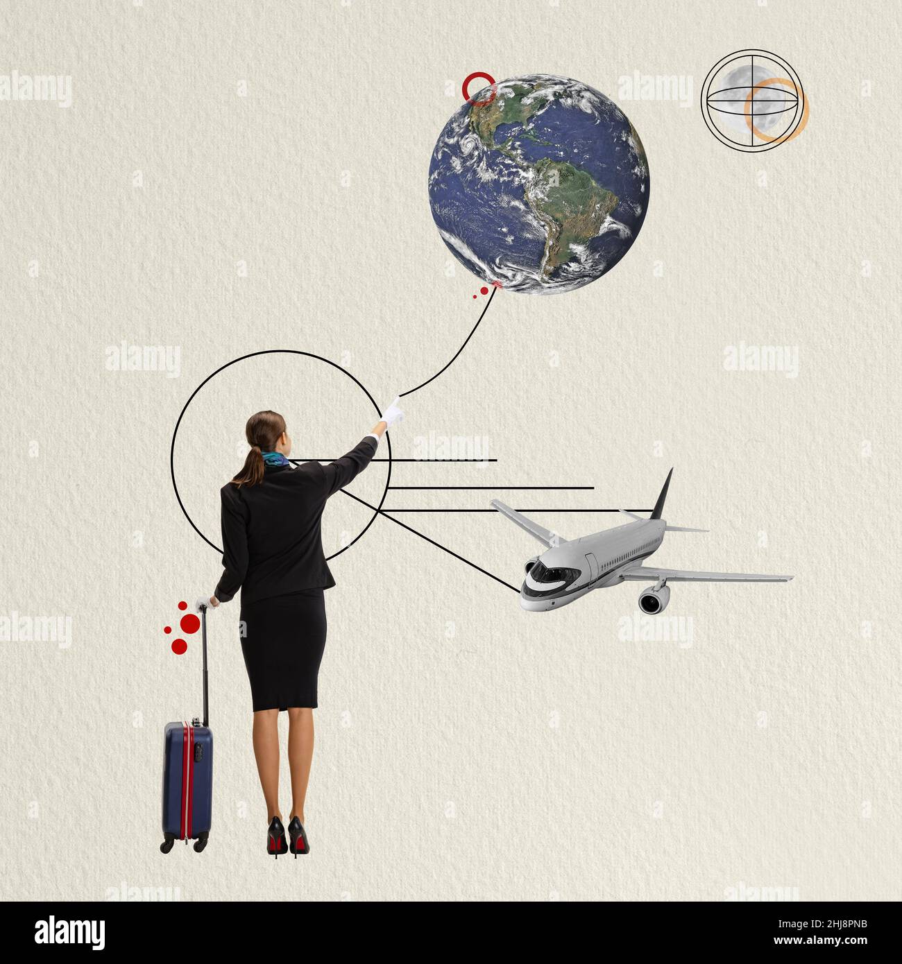 Contemporary art collage with young girl, stewardess getting ready to ...