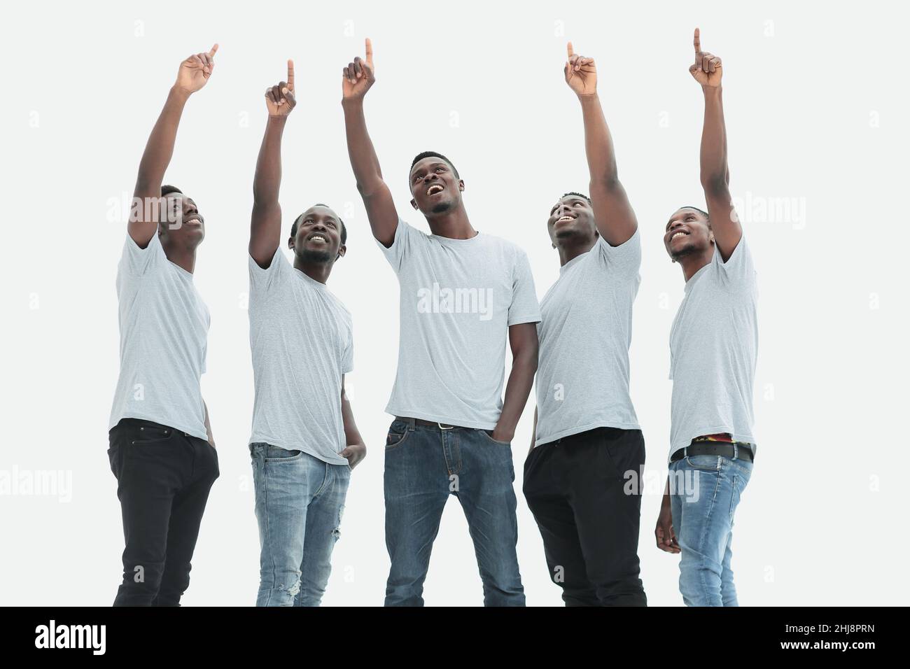 group of guys pointing somewhere up. isolated on white Stock Photo - Alamy