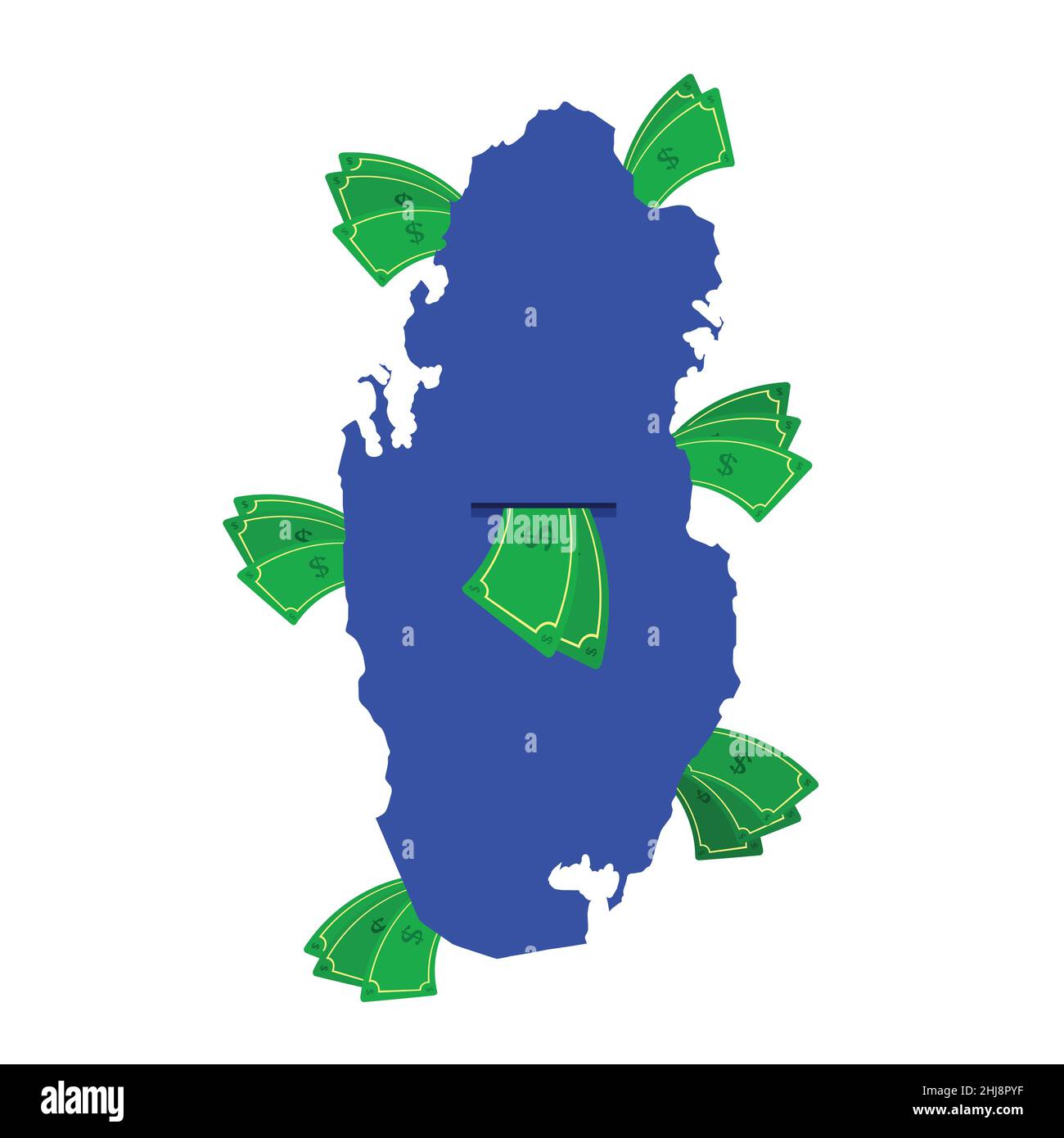Qatar map in blue with money bills around. Money leaving the center of ...