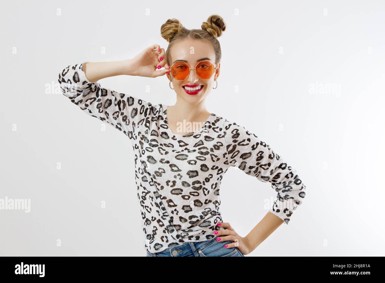 Close-up woman face. Fashion female closeup in trendy clothes isolated ...
