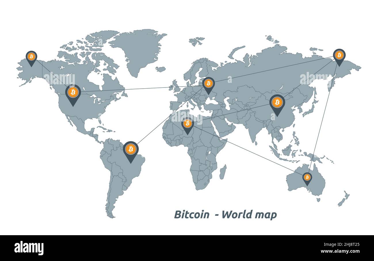 World map with separates states and Bitcoin point, isolated on white ...