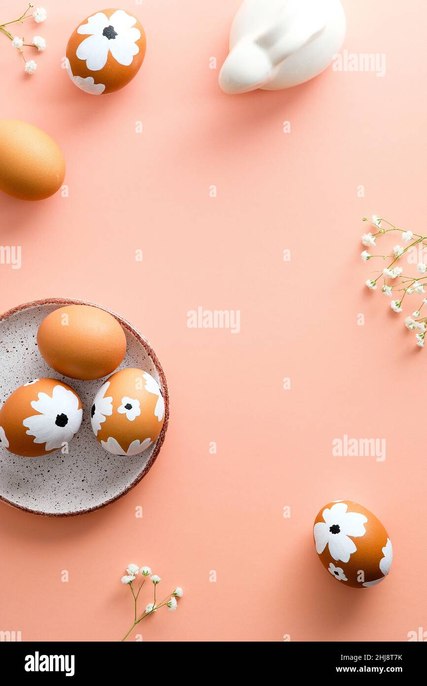 Easter vertical banner or poster design. Painted Easter eggs, bunny ...