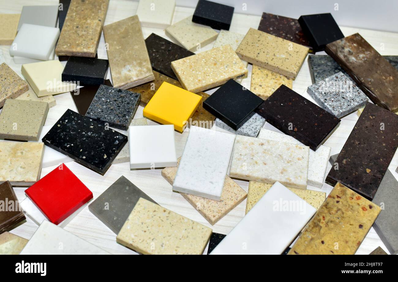 Samples of acrylic artificial stone for countertops. Artificial stone ...