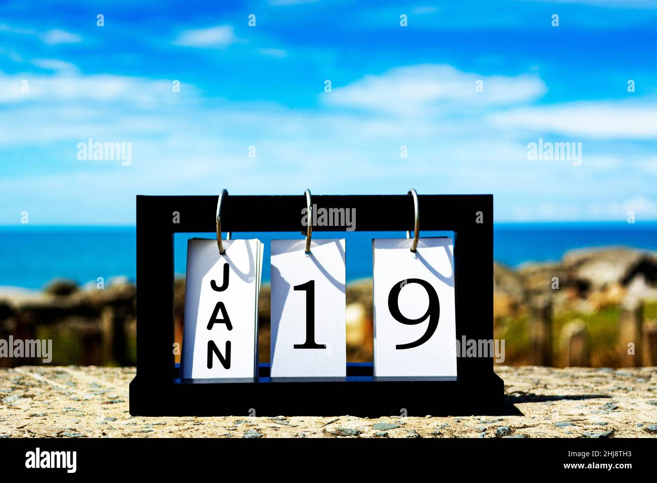 Jan 19 calendar date text on wooden frame with blurred background of ...