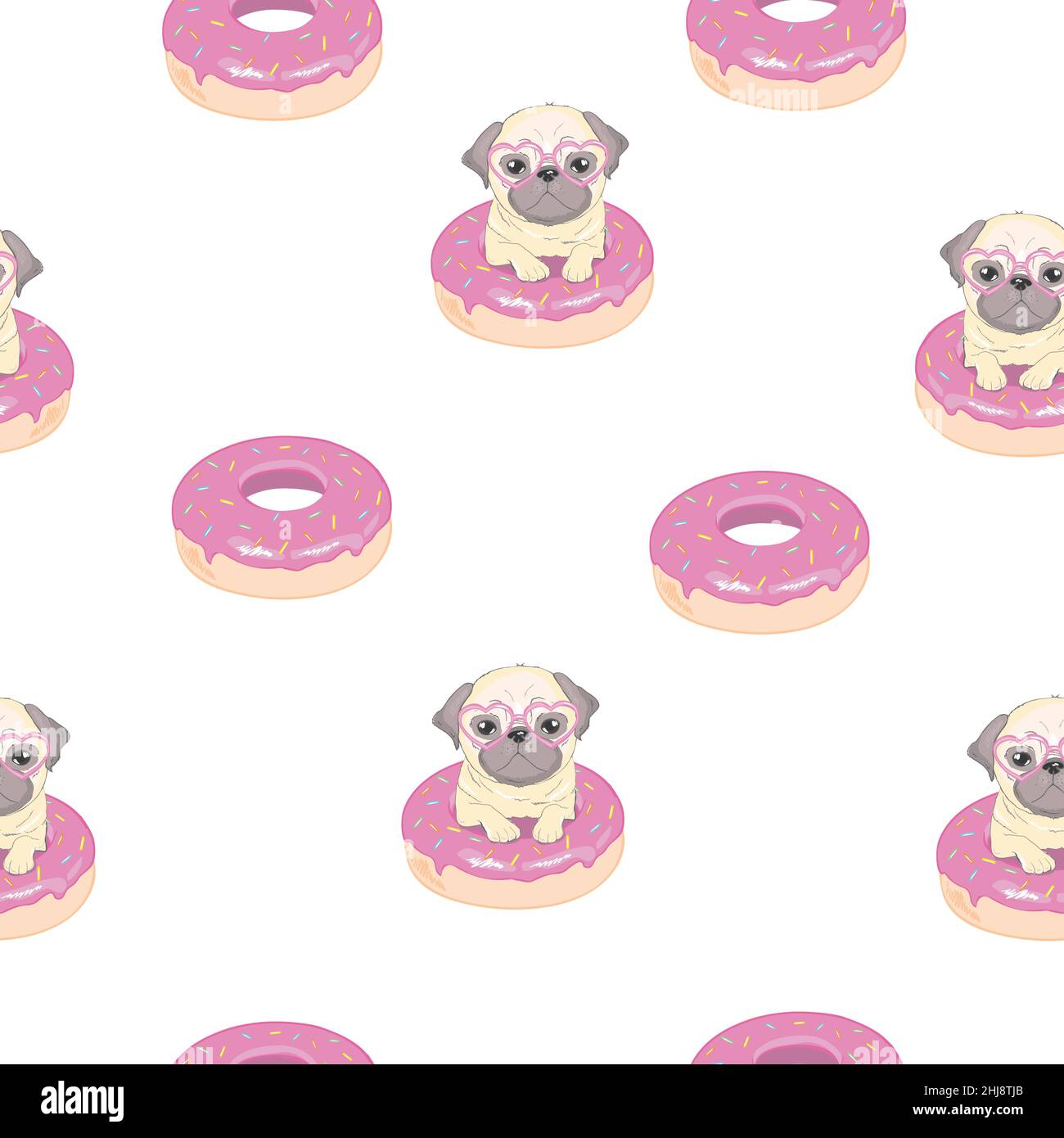 Pink seamless pattern with funny pug and donut Stock Vector Image & Art ...