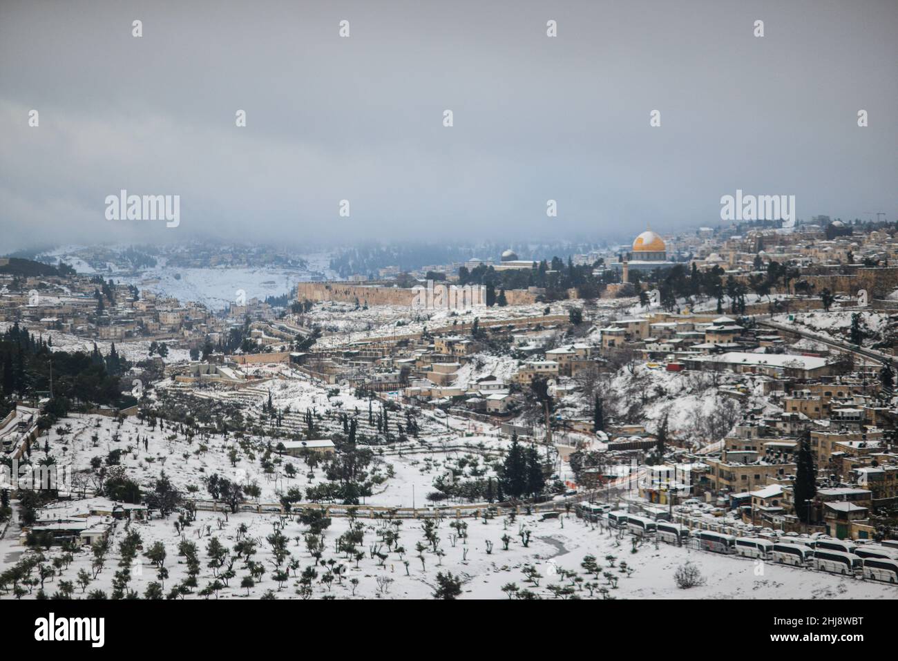 Jerusalem skyline covered in snow. North to south view towards the ...