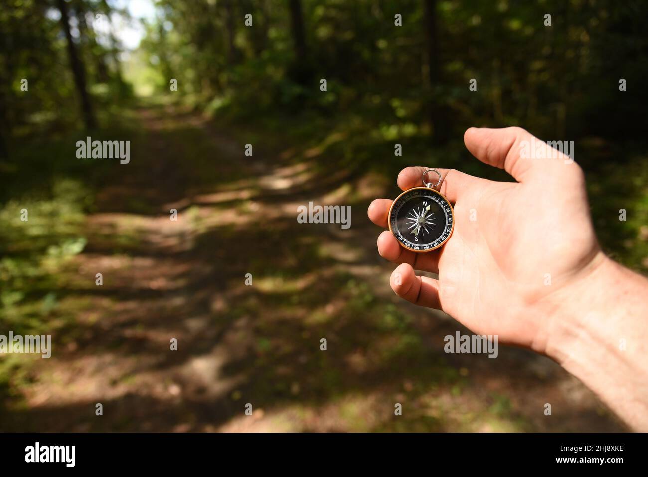 Compass in hand at forest. Tourist compass for orientation on the ...