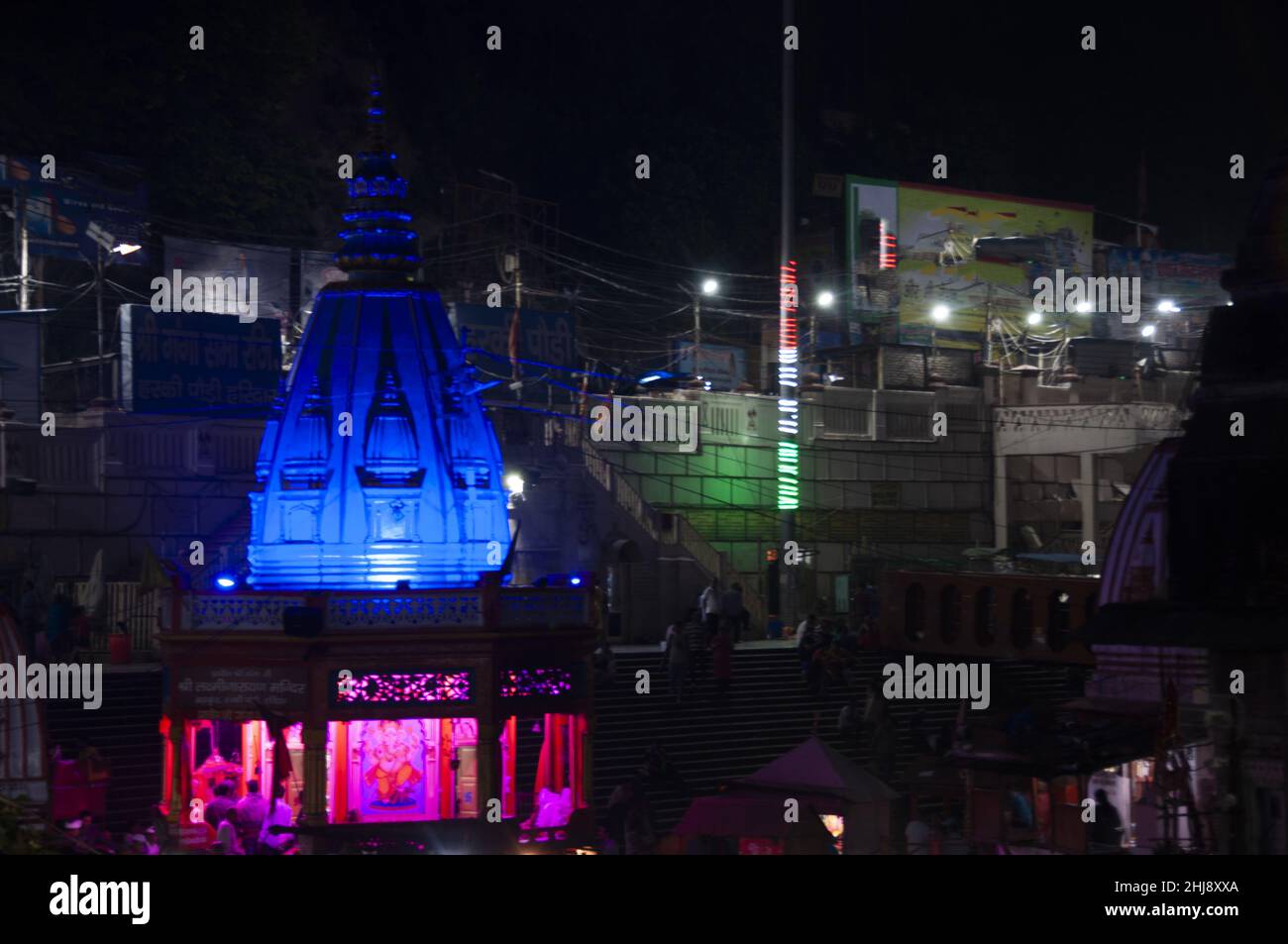 A night view of the Yamraj Temple at Har Ki Pauri Ghat, Haridwar ...