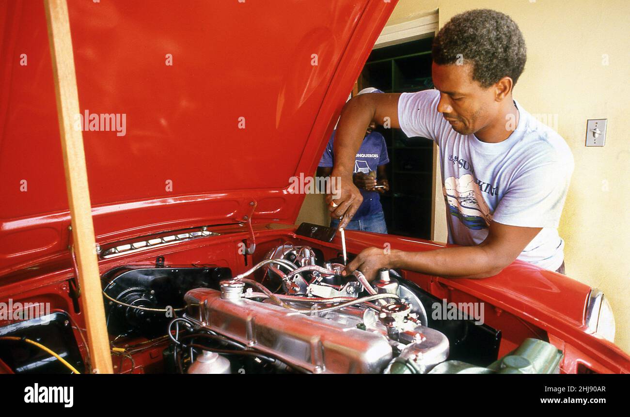 Classic car restoration workshop in Barbados West Indes 1984 Stock ...