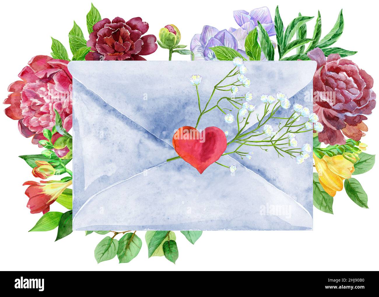 Watercolor hand-drawn illustration of an envelope with red heart and ...