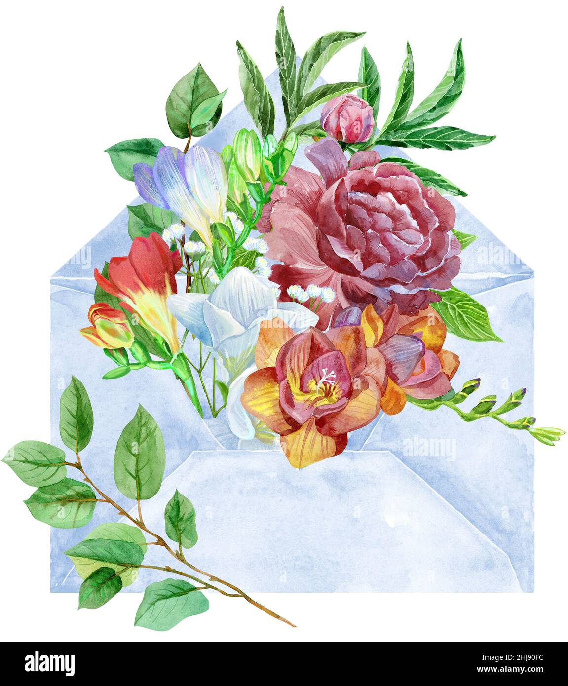 Watercolor hand-drawn illustration of an envelope with flowers on a ...