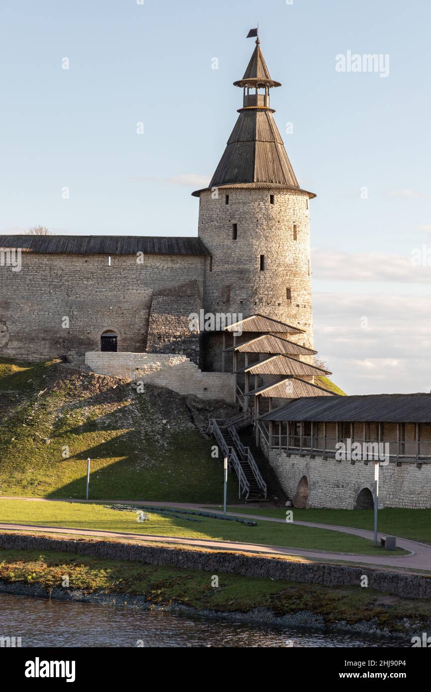 Stone tower and walls of the old Russian fortress. Kremlin of Pskov ...