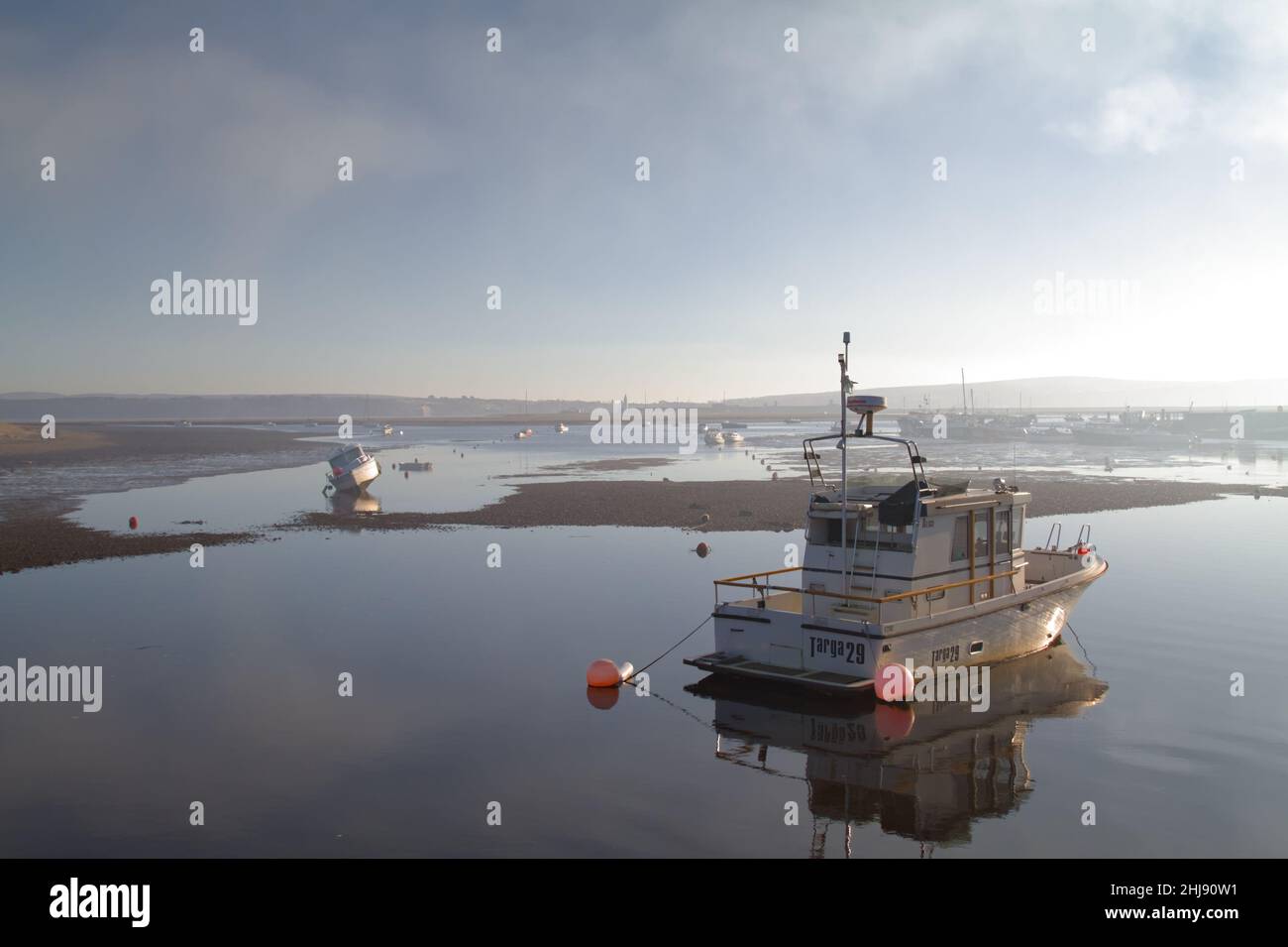 Boats In Keyhaven Harbour, Marina In Sea Fog With View To Hurst Castle ...