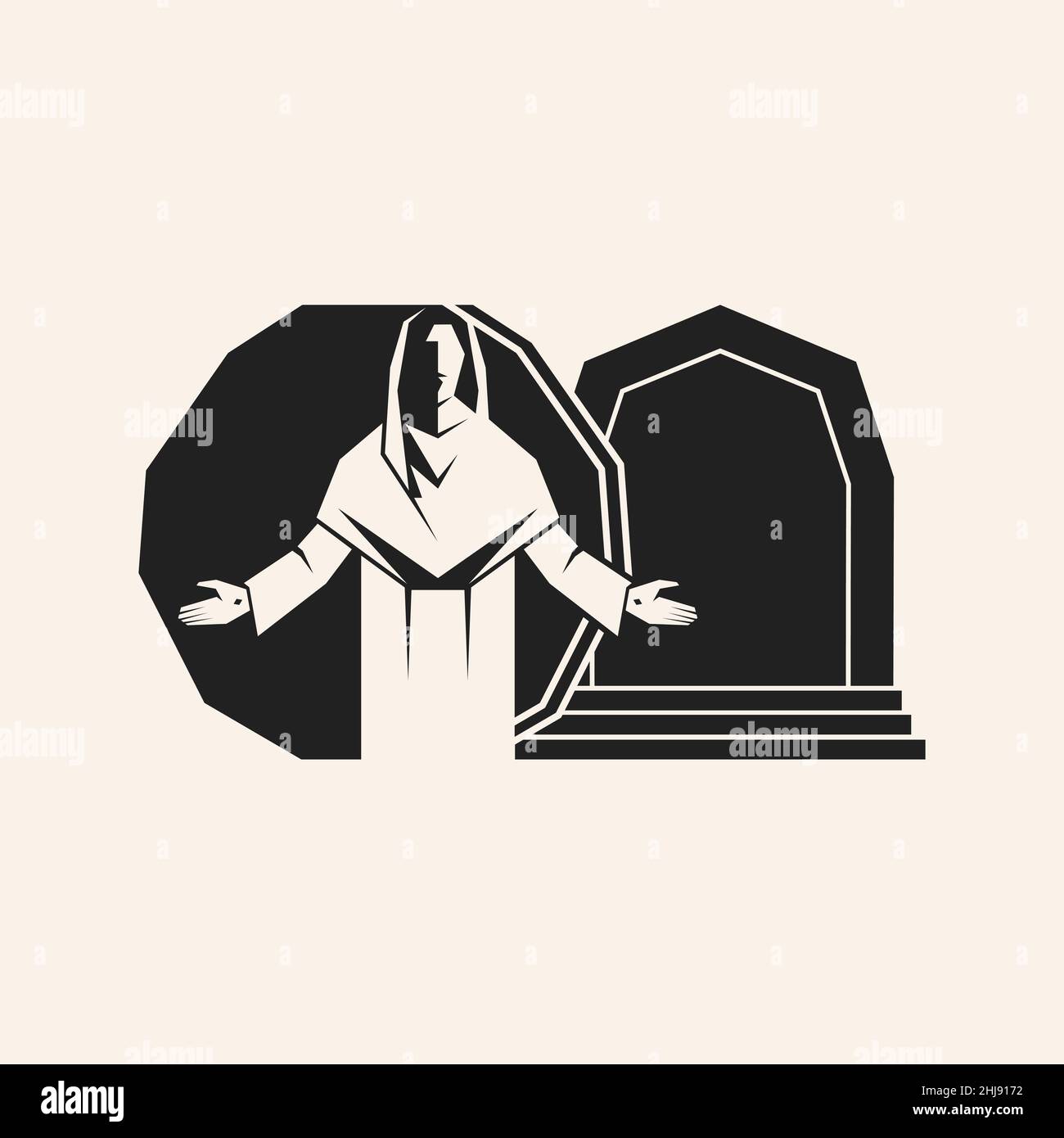 Resurrected Jesus Christ. An empty tomb and a rolled stone. Easter ...