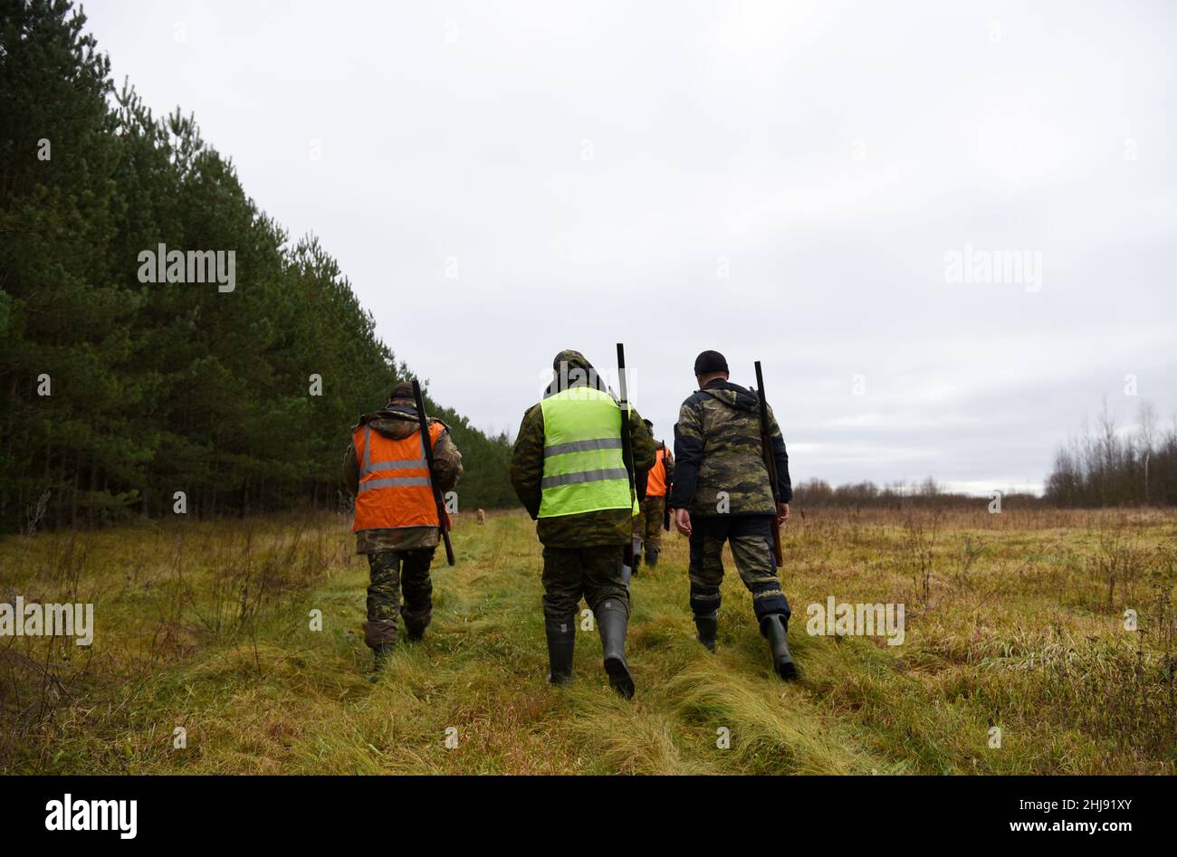 Hunter during hunting in forest. Hunters with gun and rifle. Hunter ...
