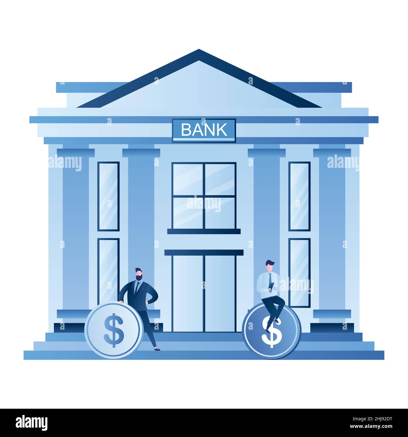 Bank building and businessmen with dollar coins,loan approval and ...