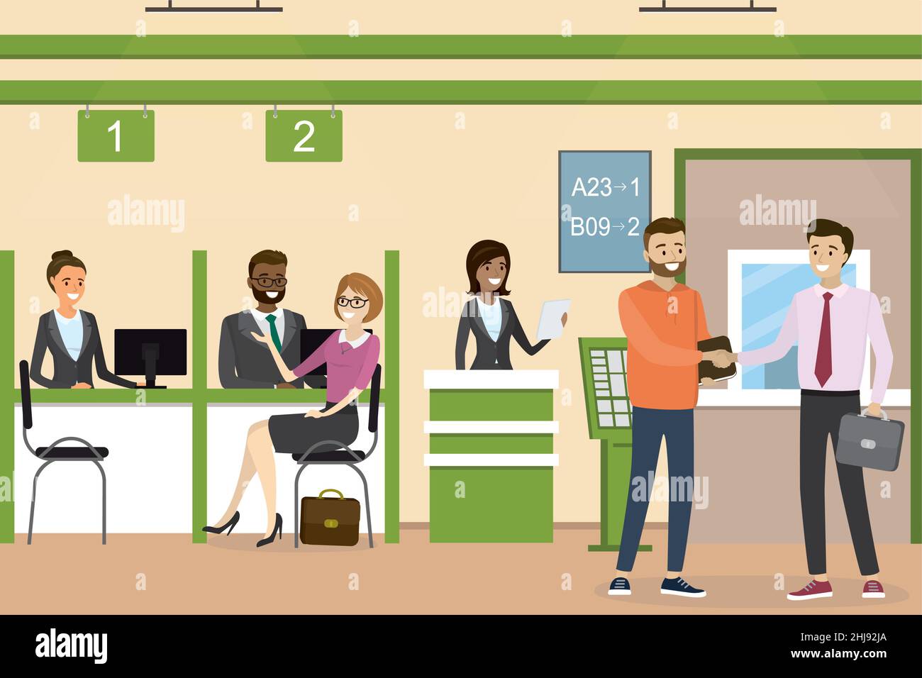 People inside bank, office interior design. Concept with various ...