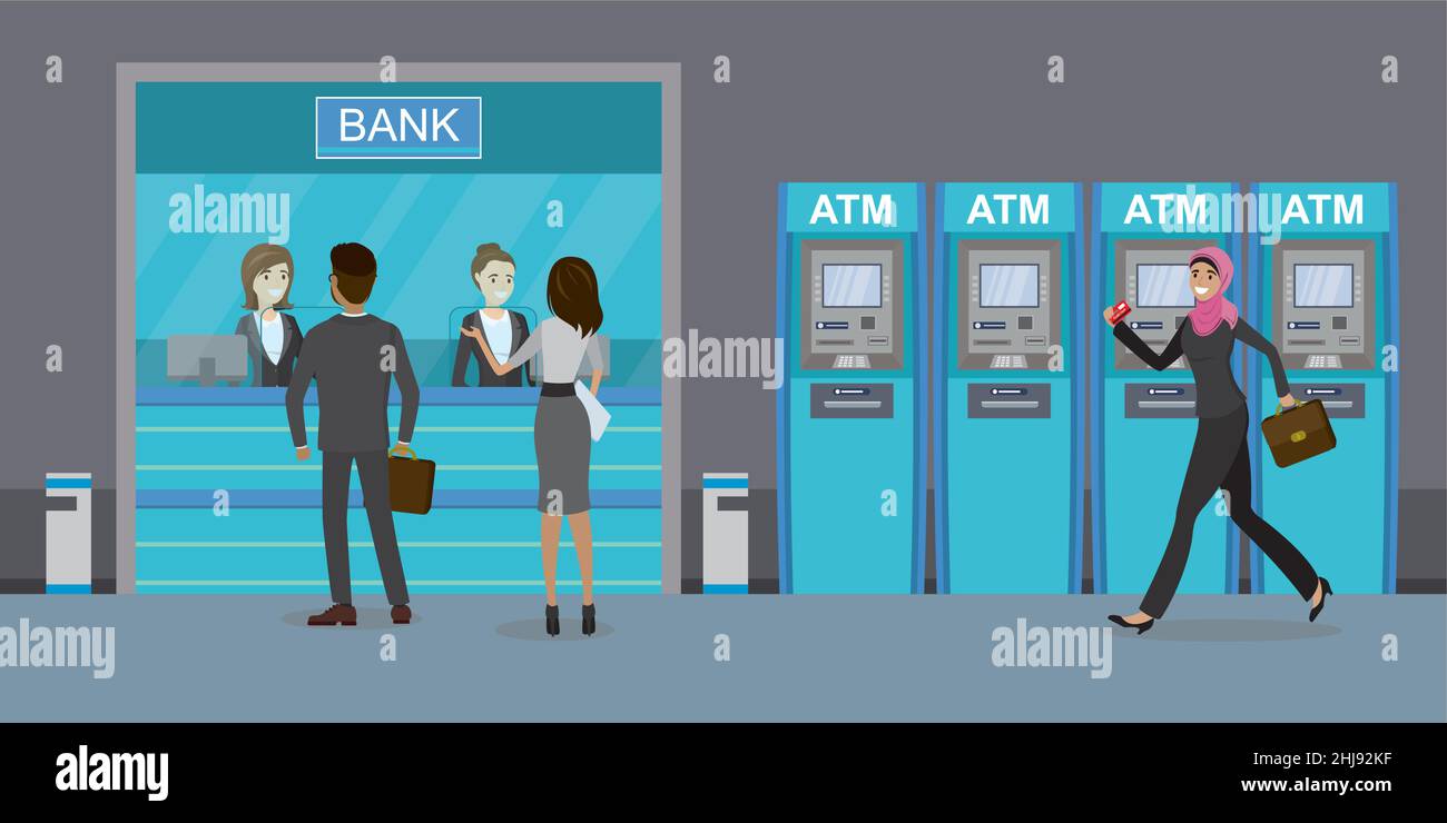 Bank counter or currency exchange service with managers and clients.ATM ...
