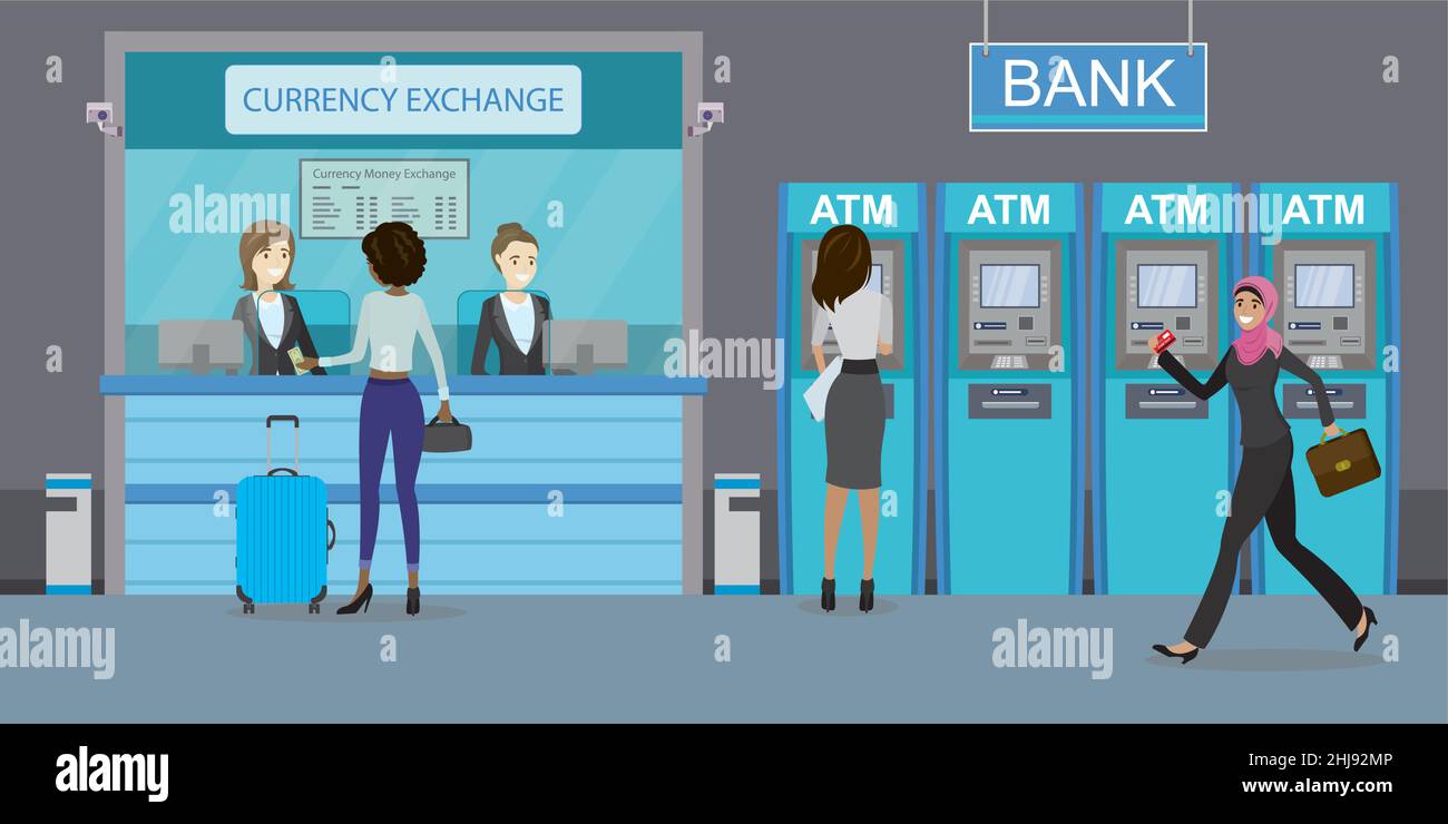 Bank counter or currency exchange service with managers and clients ...