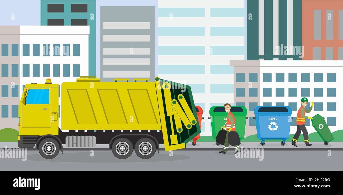 City waste recycling concept with garbage truck and garbage collectors ...