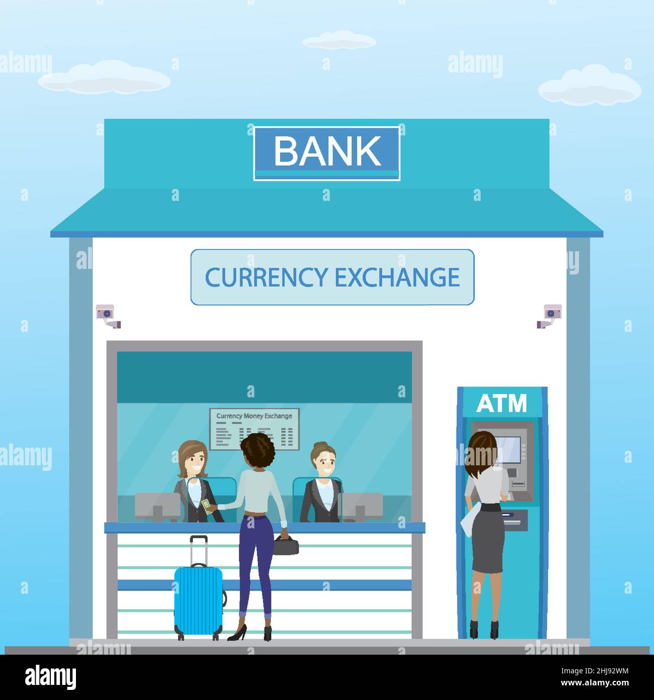 Bank building with currency exchange and ATM machine. Cartoon human ...