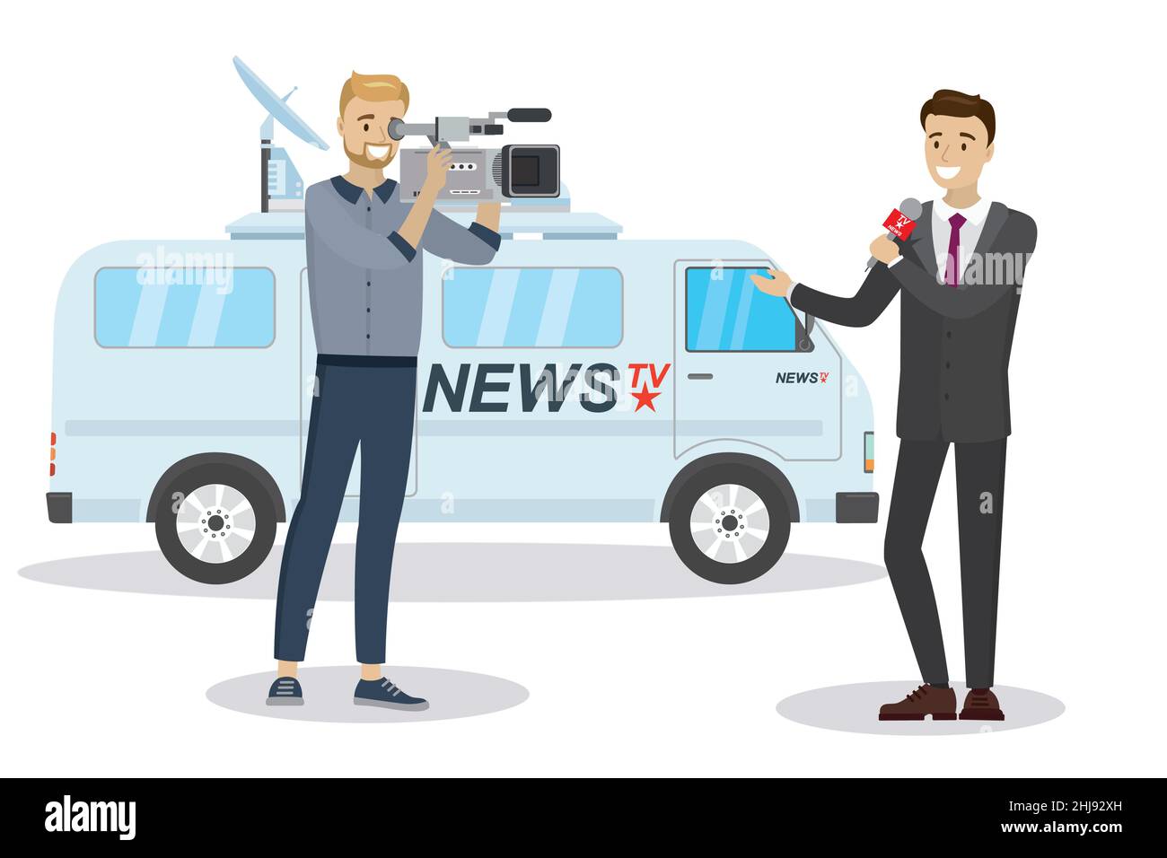 Breaking news illustration. Handsome caucasian male reporter with microphone and cameraman,news ...