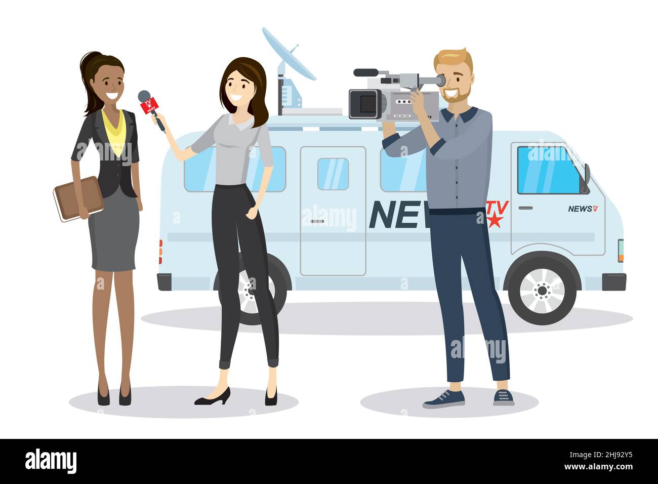 Beautiful female reporter with microphone interviews african american ...