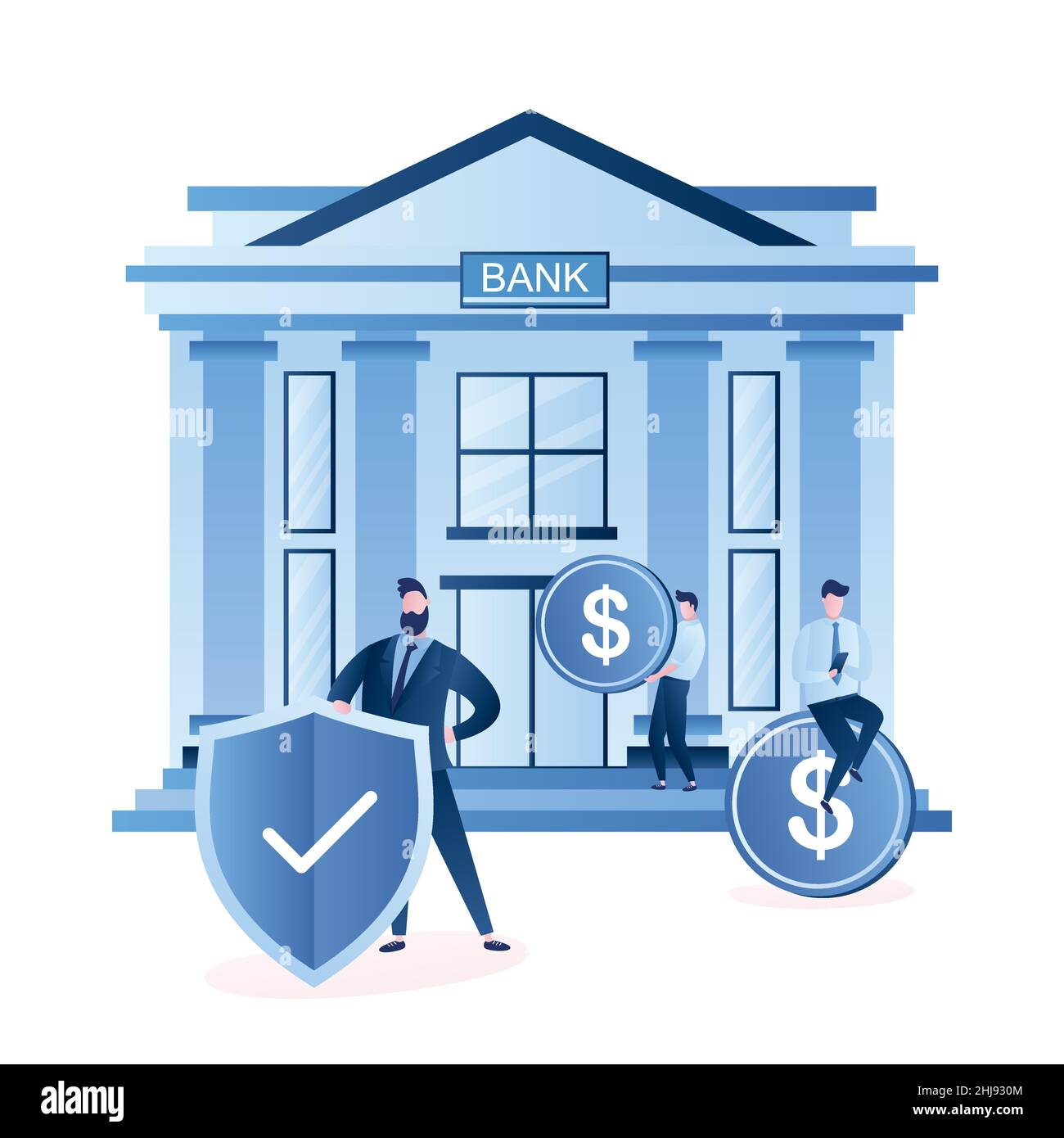 Bank building and businessmen with dollar coins and security shield ...