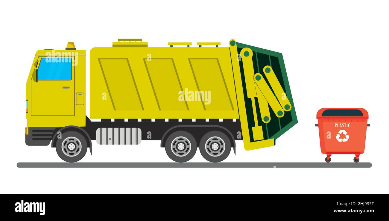 Yellow garbage truck and red garbage container, cartoon vehicle ...