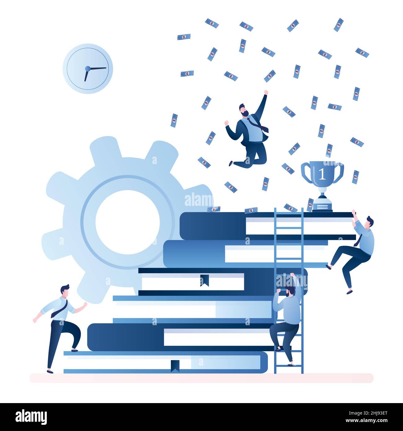 Success in work, growth in career ladder, achieving goals.Stack of books. Businessmen climbs the ...