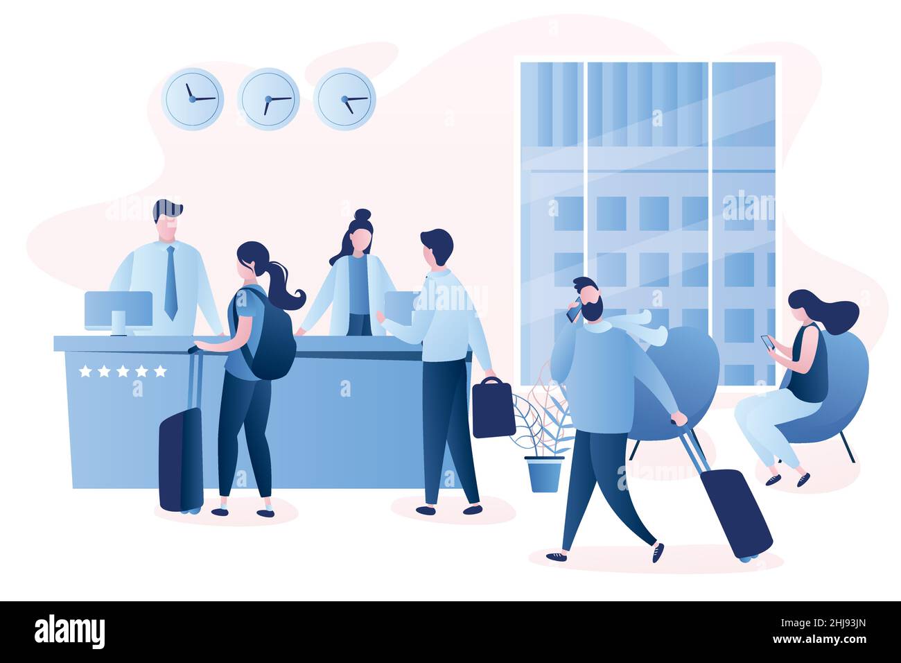 Hotel reception desk,interior with furniture,people receptionists and ...