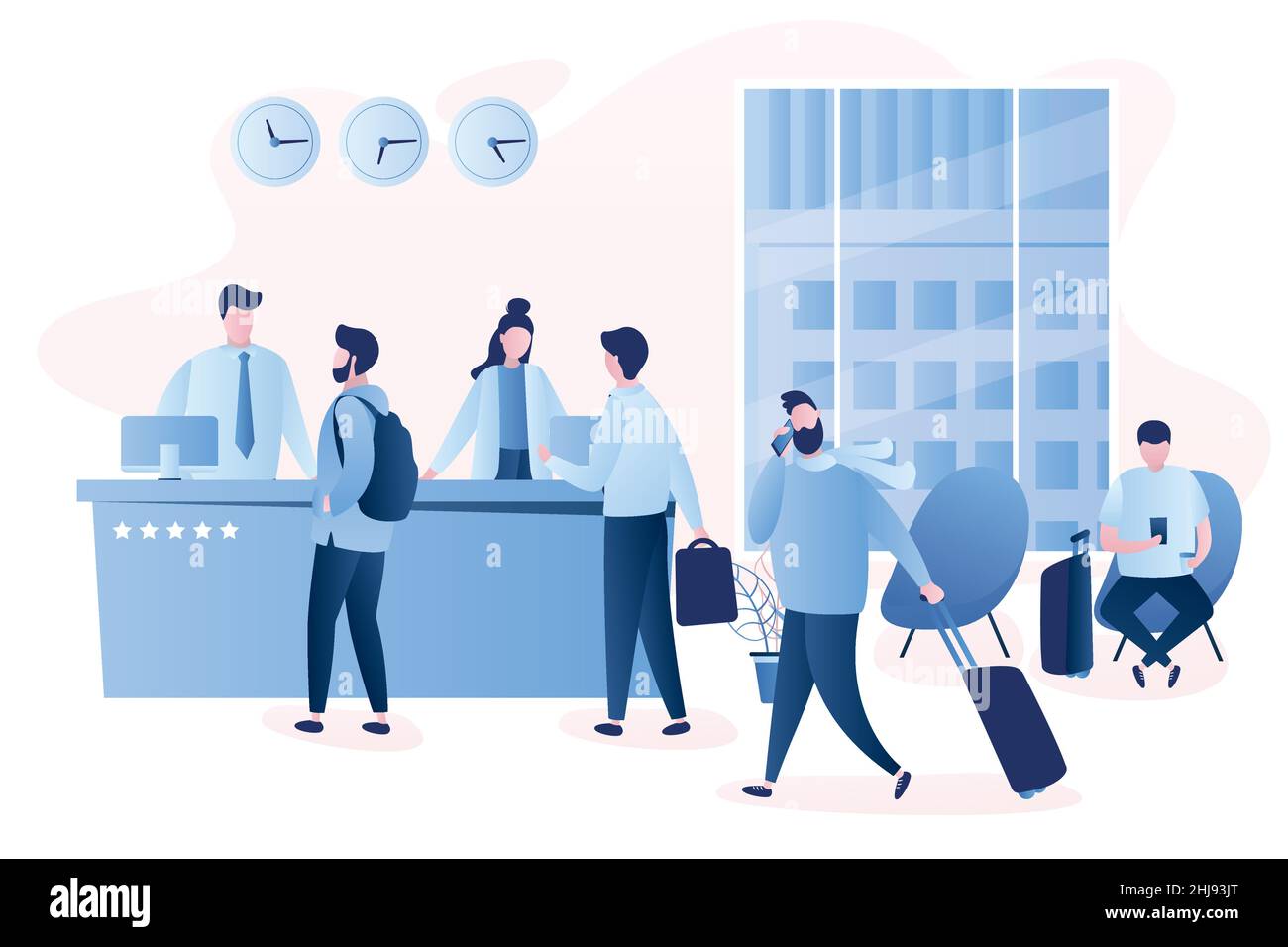 Hotel reception desk,interior with furniture,people receptionists and ...