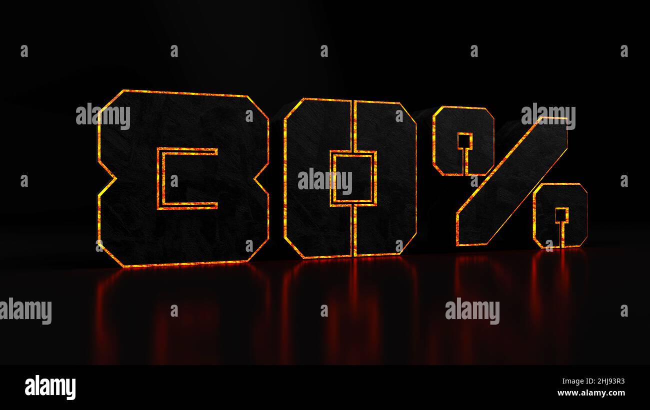 Eighty percent sign with golden borders and a red reflection on the ...