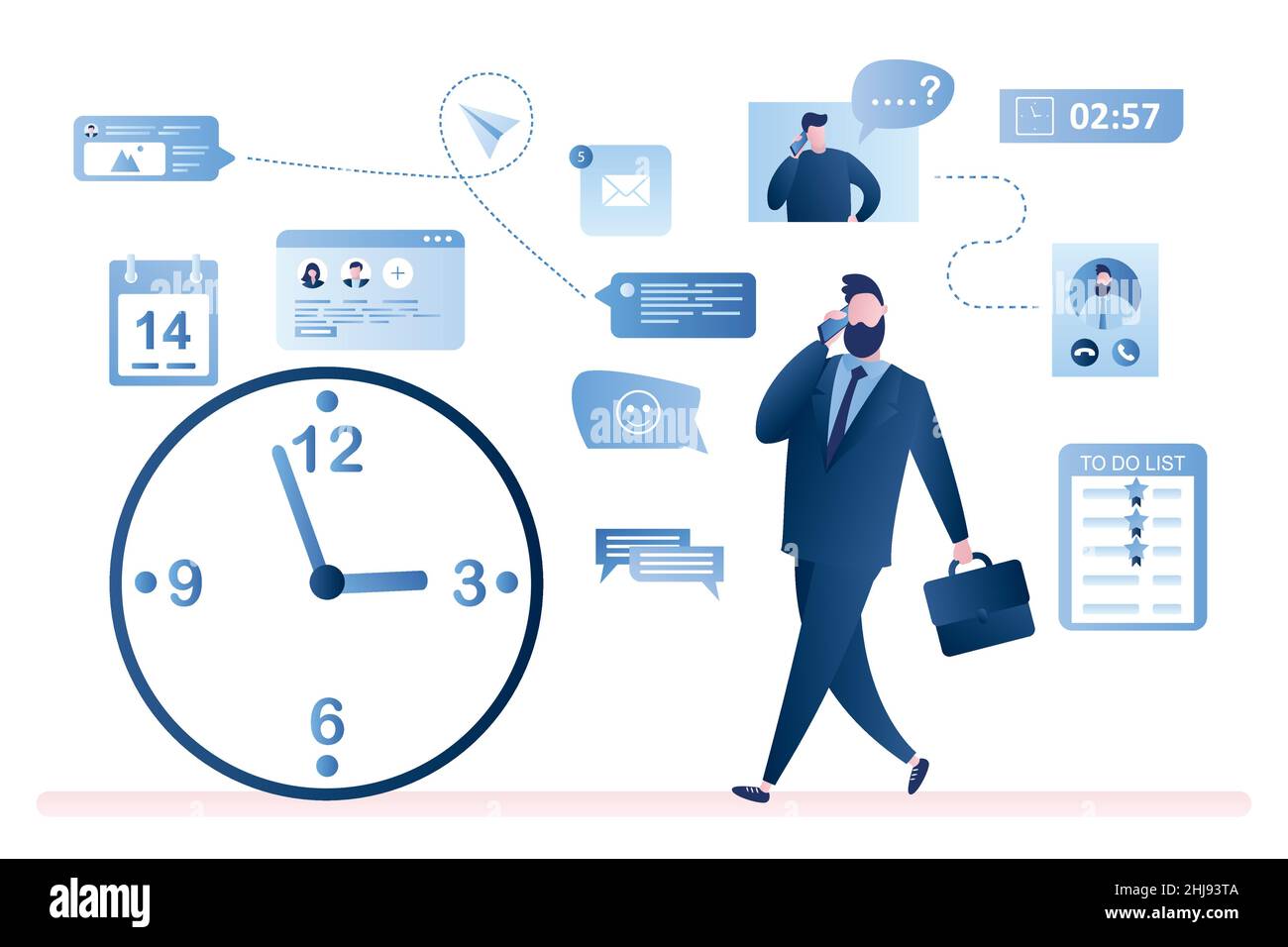 Time management concept. Businessman with smartphone go to a business ...