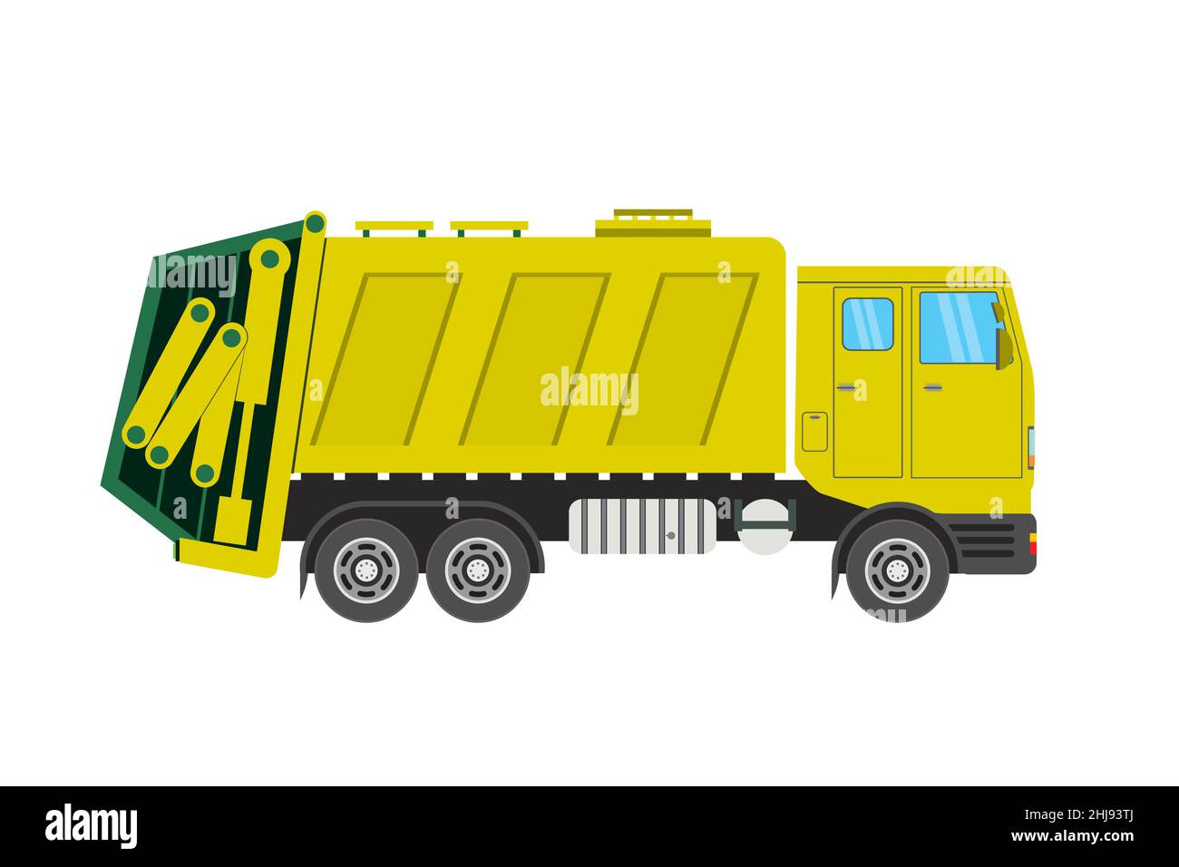 Yellow garbage truck side view, cartoon vehicle isolated on white ...