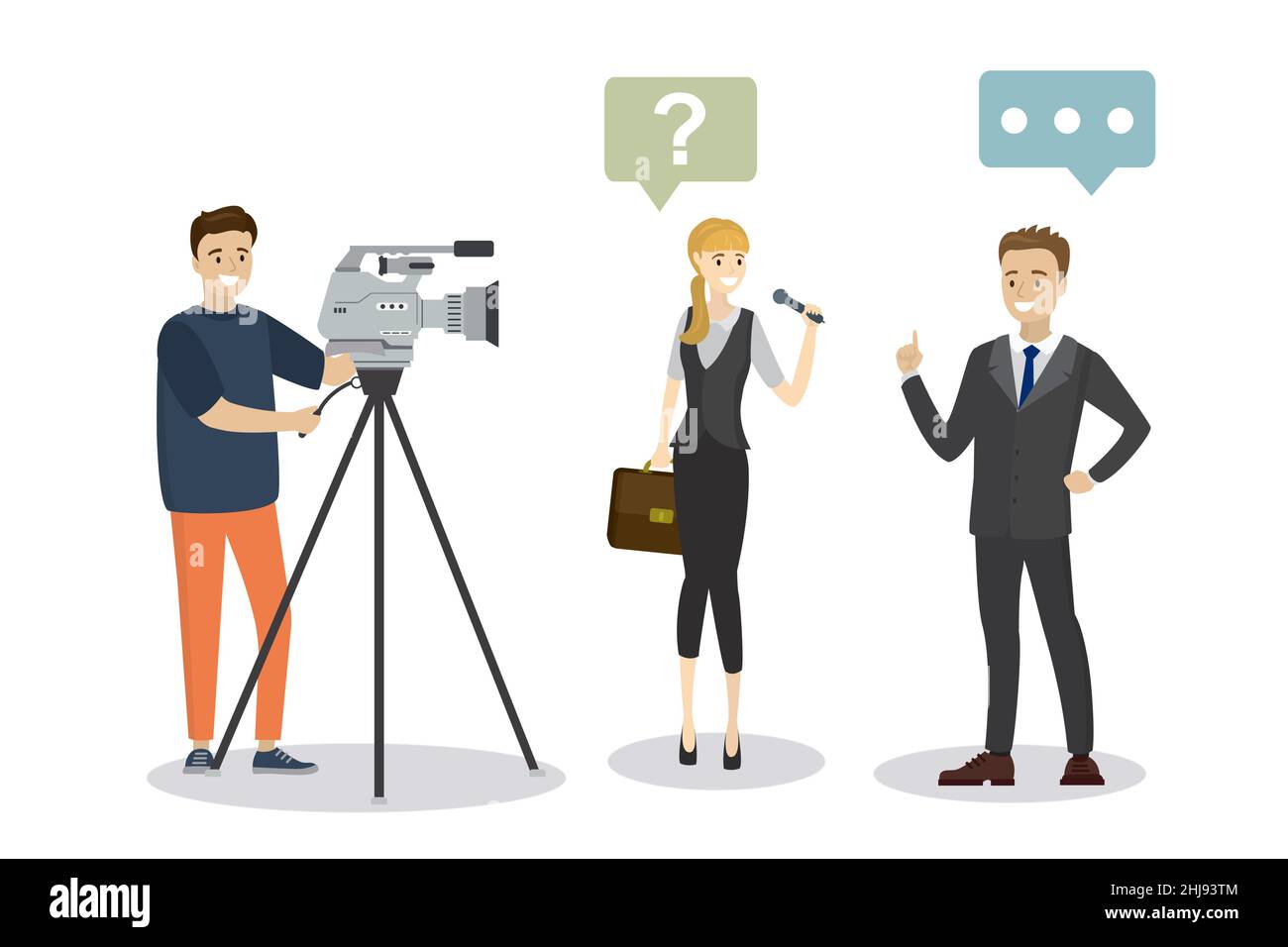 Beautiful female reporter with microphone interviews european ...