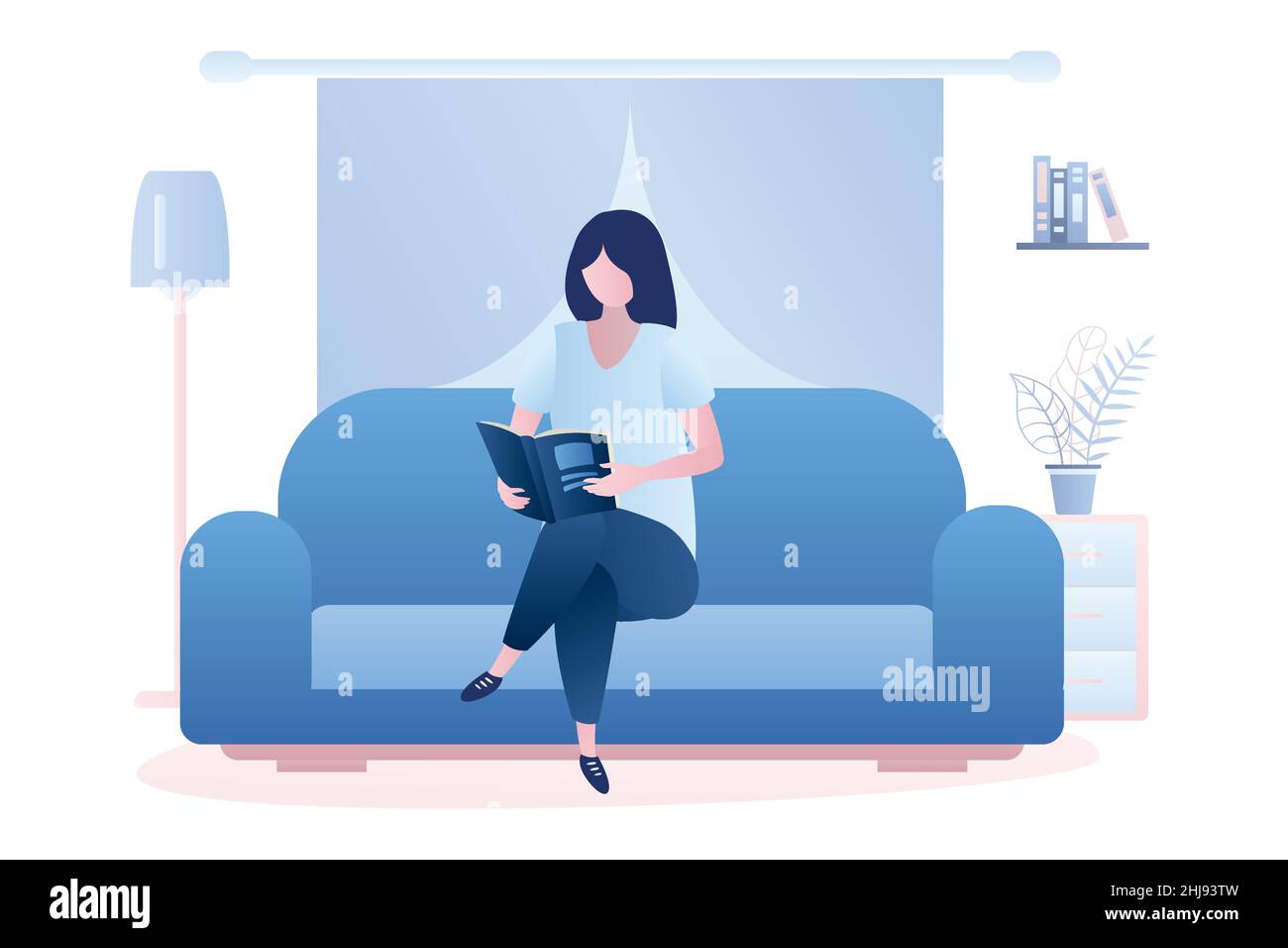 Caucasian woman is sitting on the couch and read book, living room ...